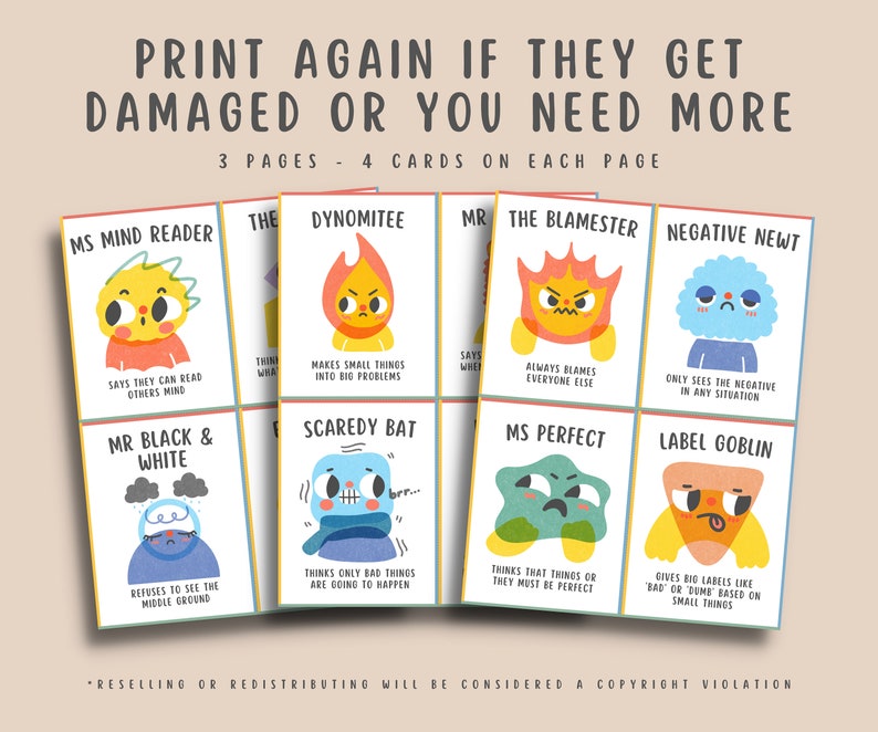 12 Thought Monsters Flashcard for Kids Teens, Thinking Traps Children ...