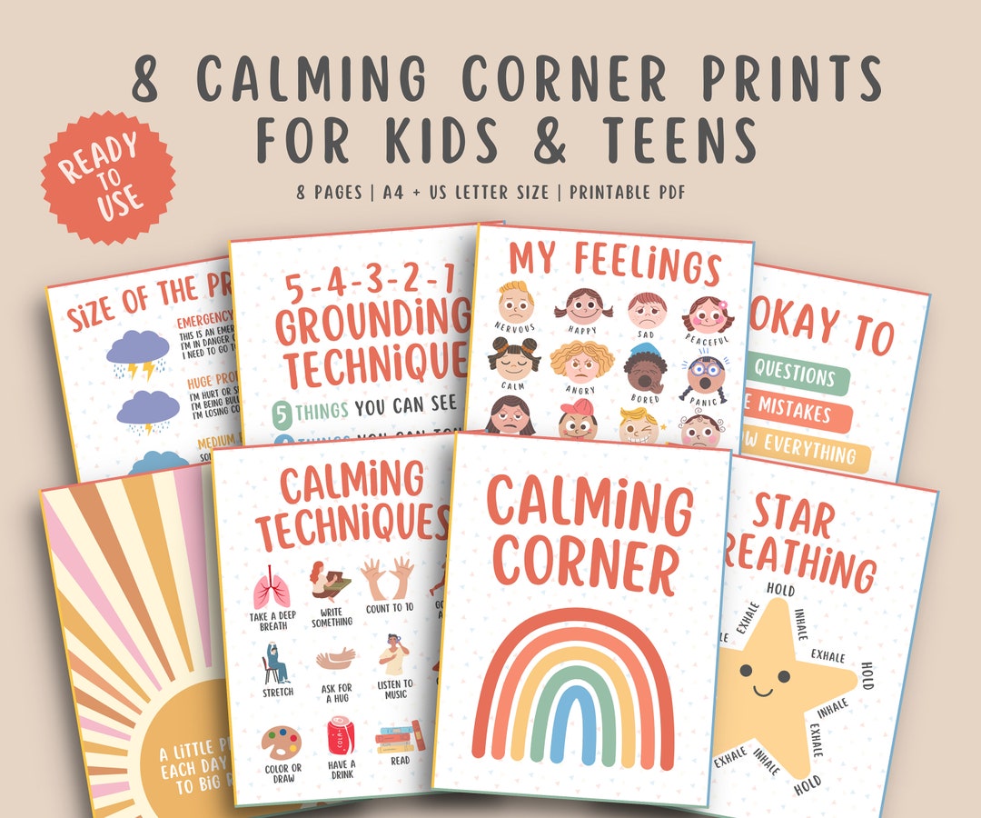 8 Calming Corner Posters for Kids Teens, Calm Down Techniques ...