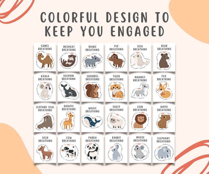 24 Mindful Animal Breathing Cards, Anxiety Coping Calming Corner Tools ...