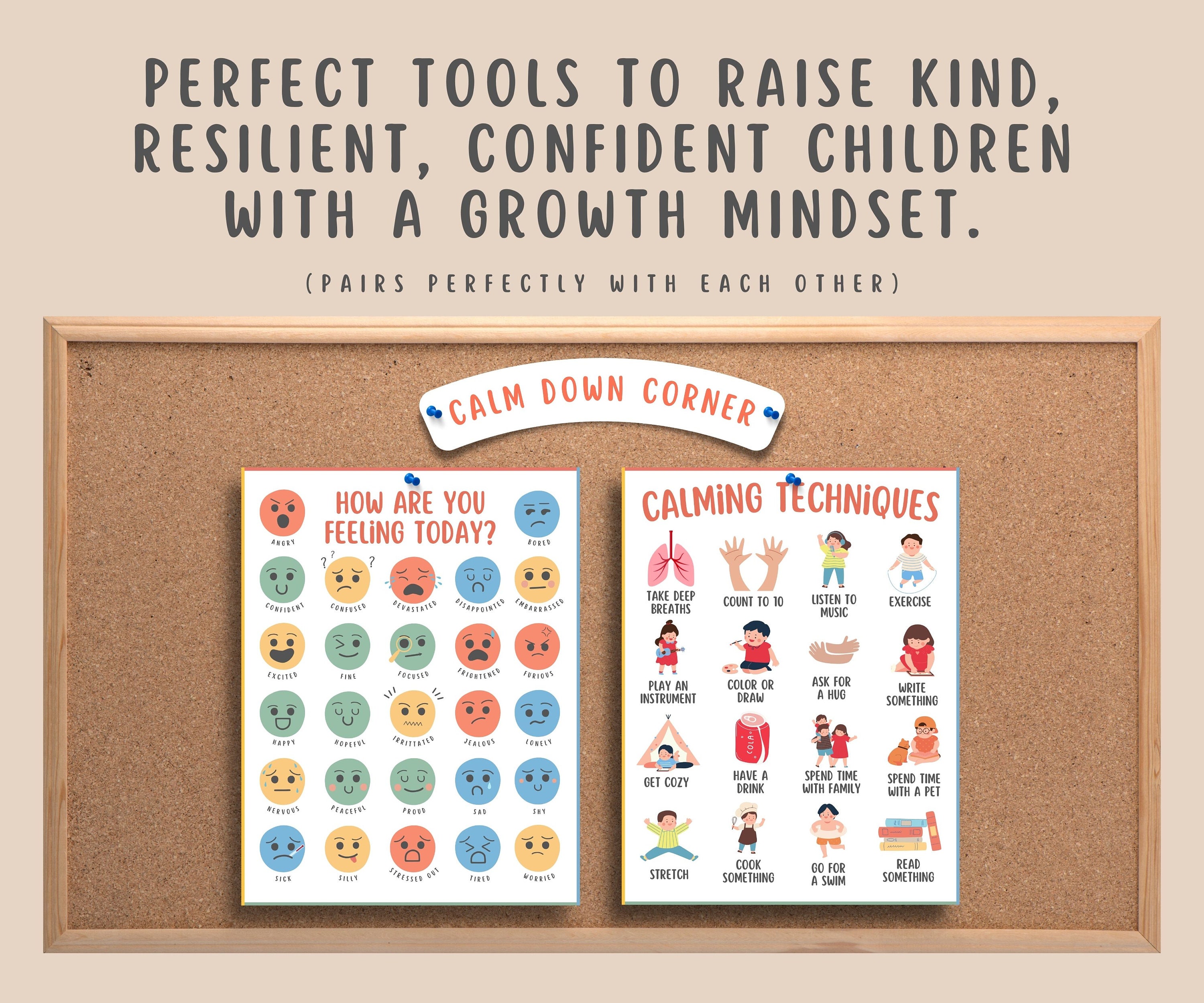 Feelings Chart With Calming Techniques Poster Set for Teens Kids set of ...
