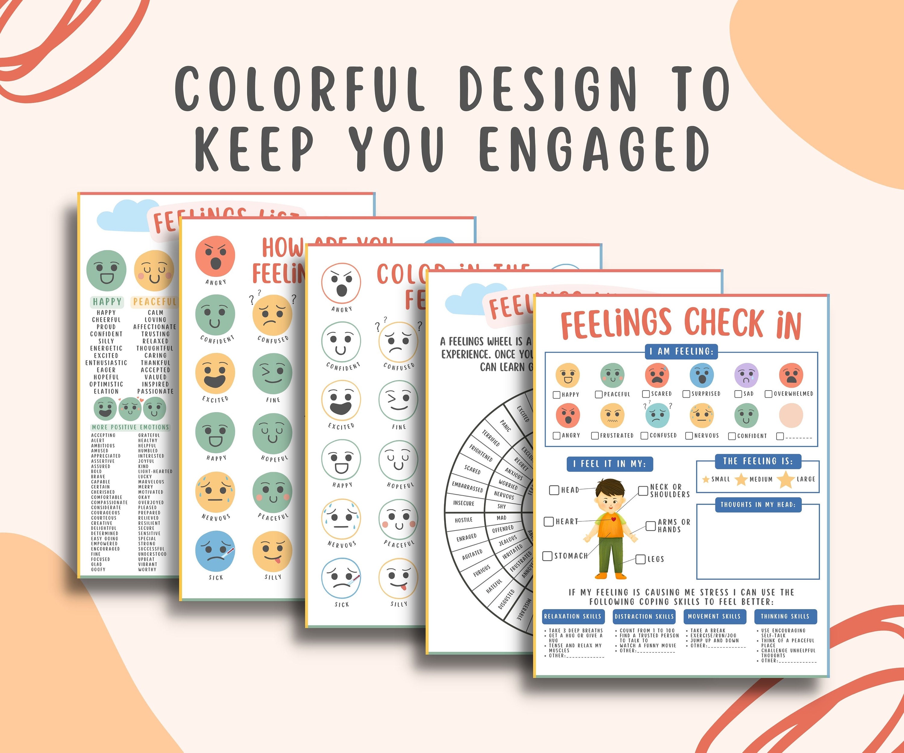 5 Feelings Check-in Worksheets, Feelings List Emotions Wheel, SEL Child ...