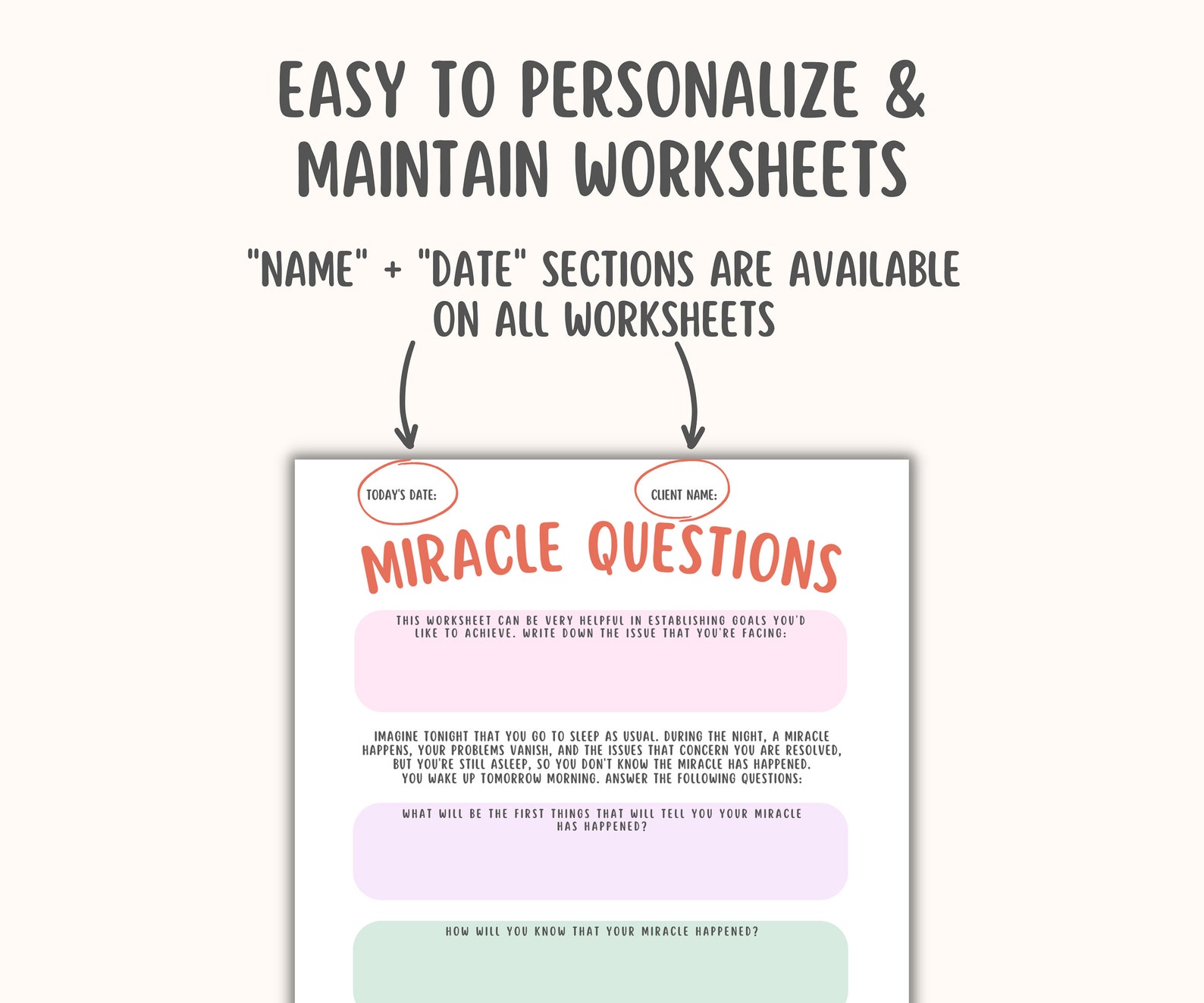 Miracle Questions Worksheet, SFBT Worksheets, Solution Focused Therapy ...