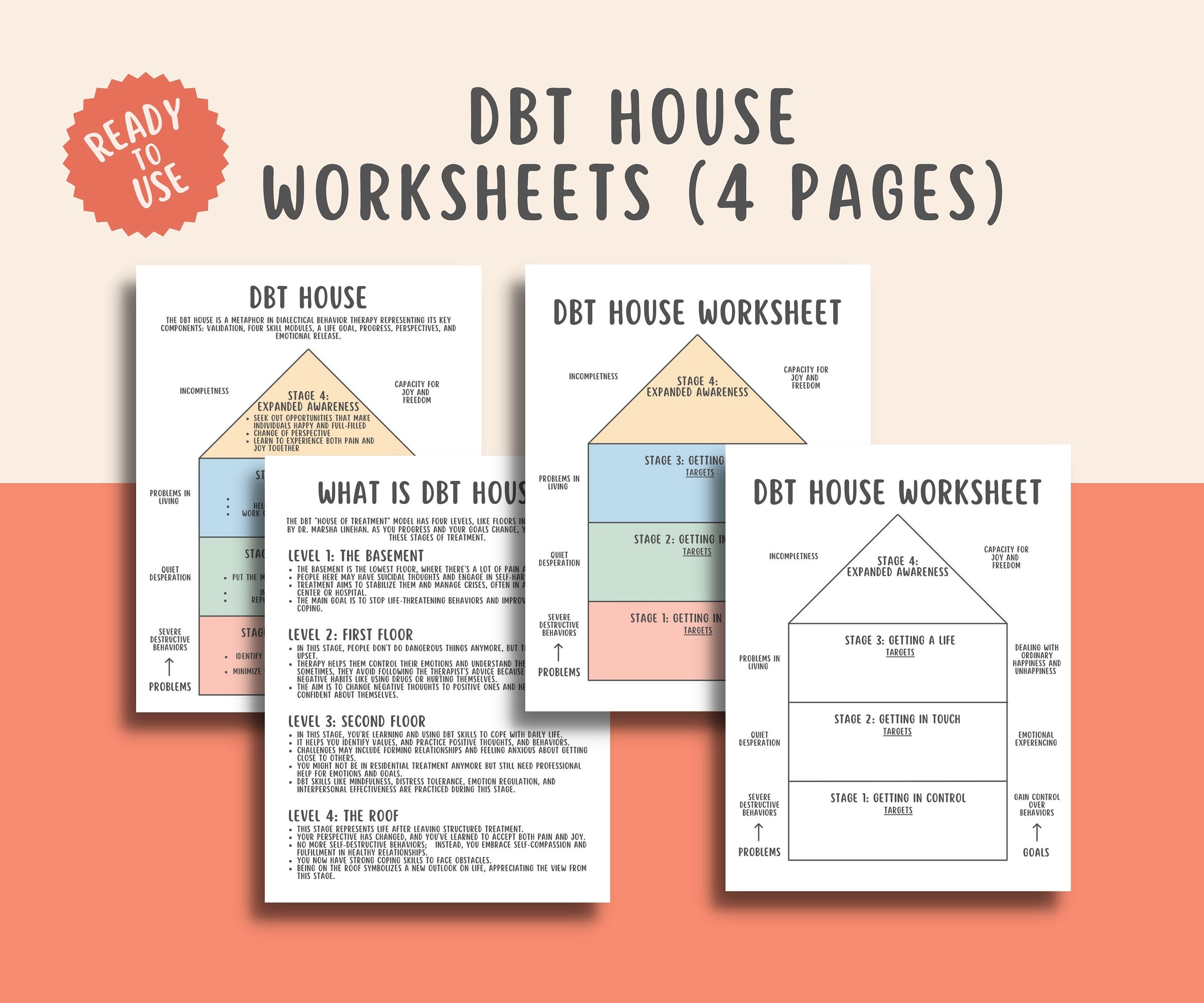 4 DBT House Worksheets, the Stages of Therapy, Dialectical Behavior Therapy, DBT Workbook ...