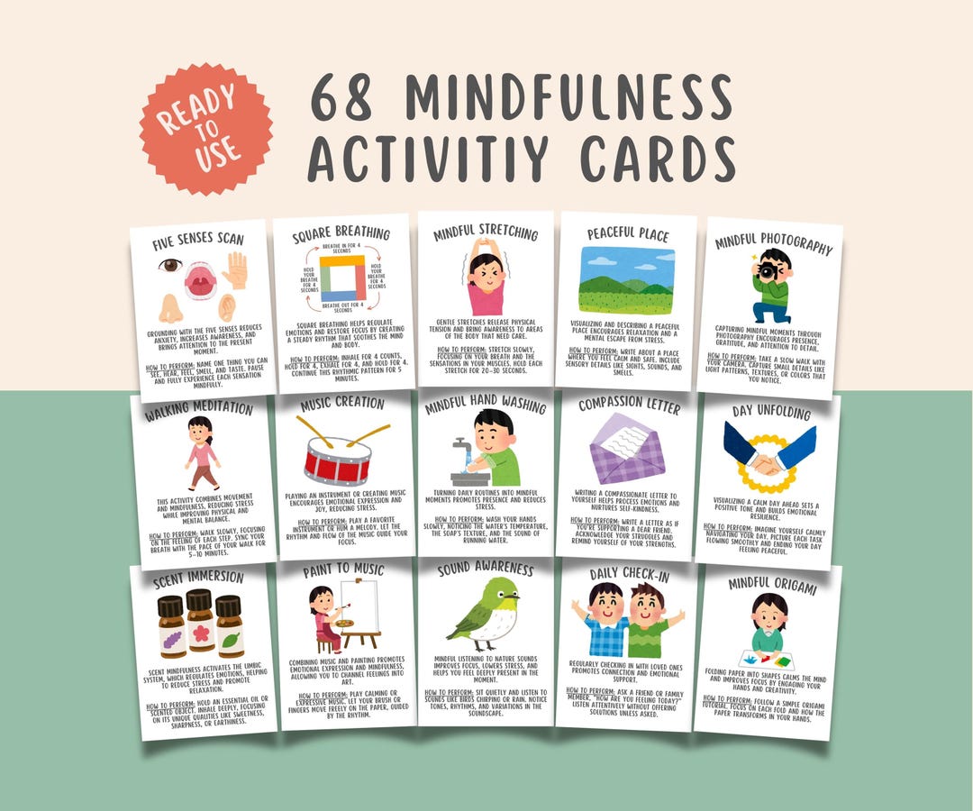 68 Mindfulness Activity Cards, Mindful Breathing Exercises, Calming ...