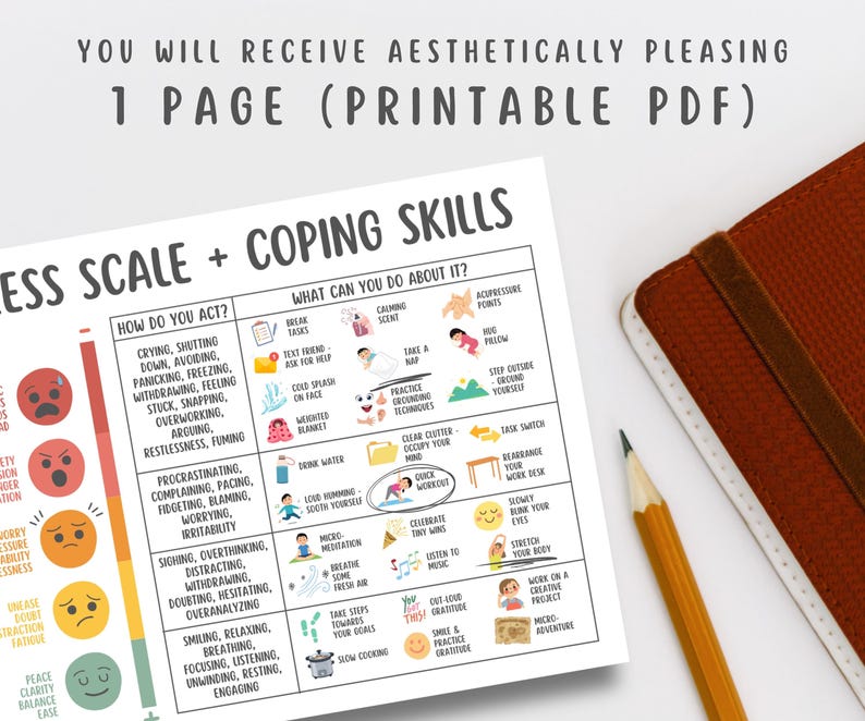 Stress Scale + Coping Skills Handout, Anxiety Relief Worksheet, Therapy ...