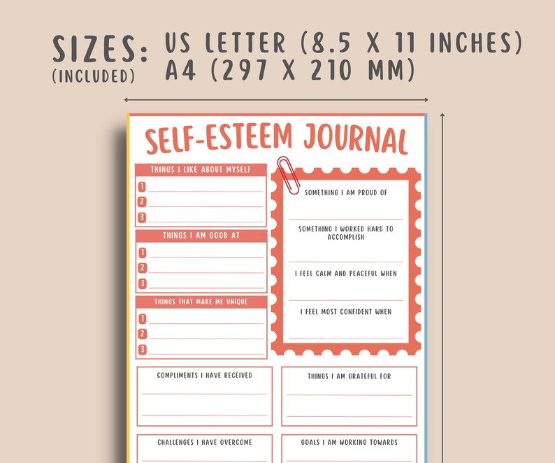 Self Esteem Journal Worksheet for Kids Teens, Growth Mindset Children ...