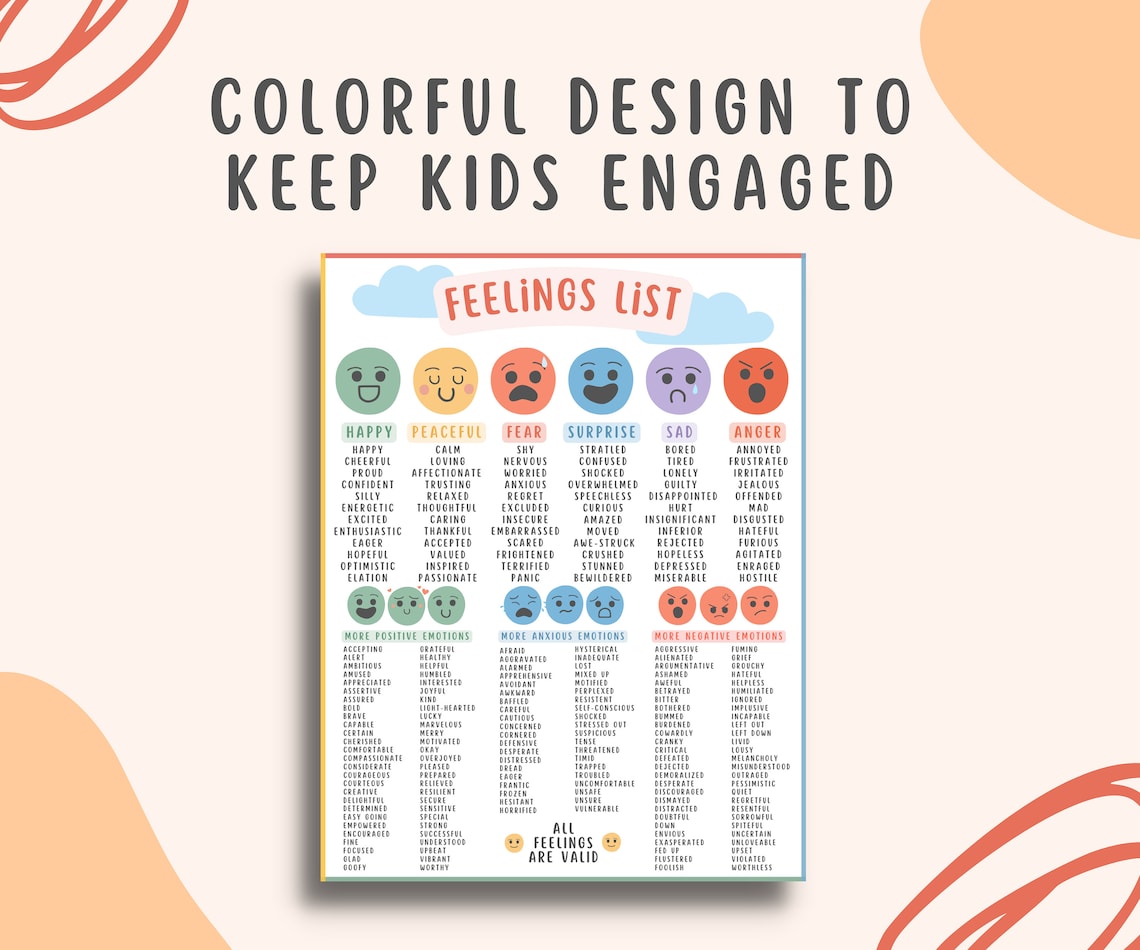 220 Feelings List for Kids & Teen Emotions Chart Social - Etsy