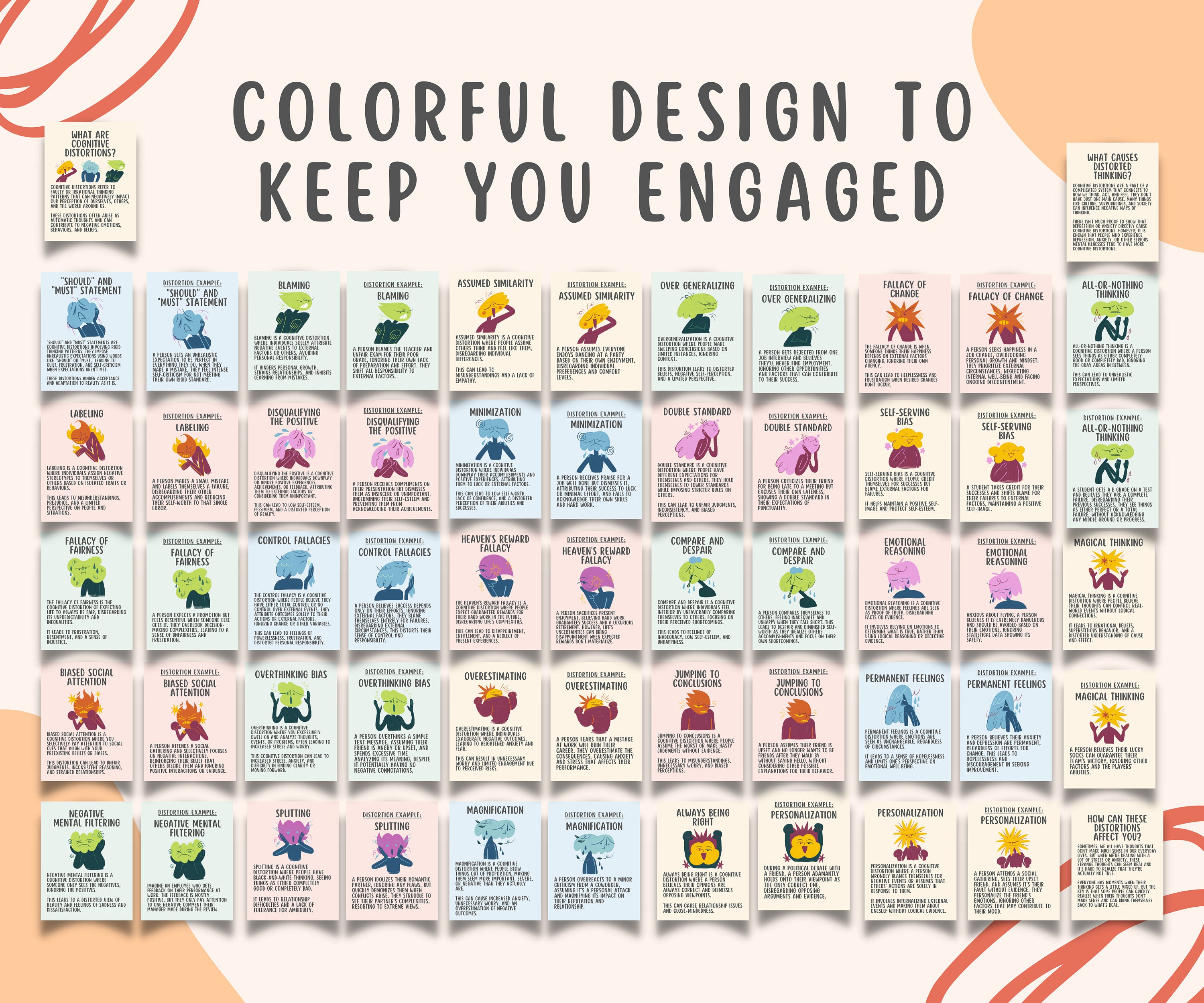 57 Cognitive Distortion Cards, DBT Coping Skill Cards, Unhelpful Ways ...