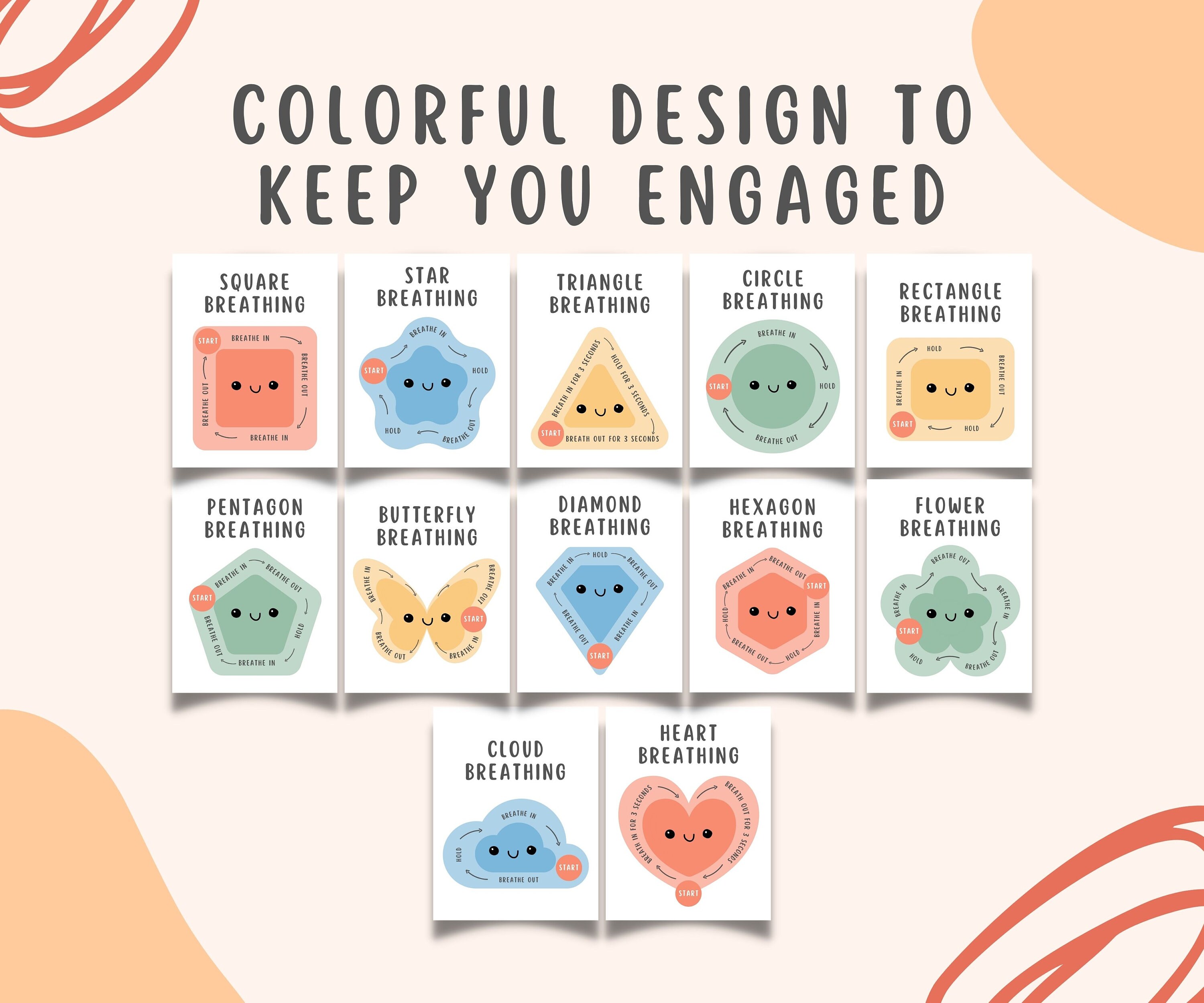 12 Mindful Breathing Shape Cards, Anxiety Coping Calming Corner Tools ...