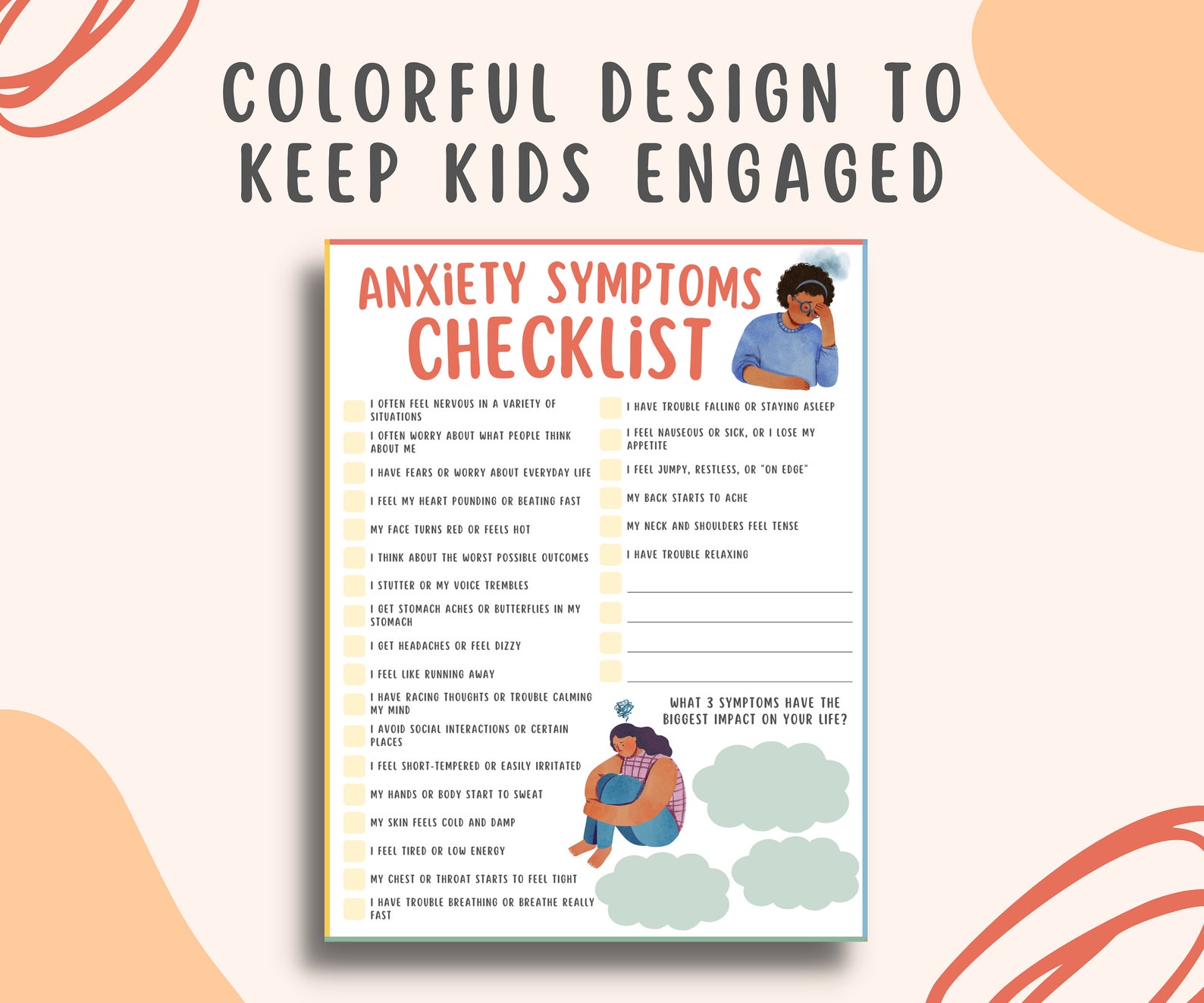 Anxiety Symptoms Checklist Worksheet for Kids Teens Children - Etsy