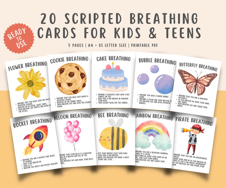 20 Mindful Scripted Breathing Cards for Kids Teens Anxiety - Etsy