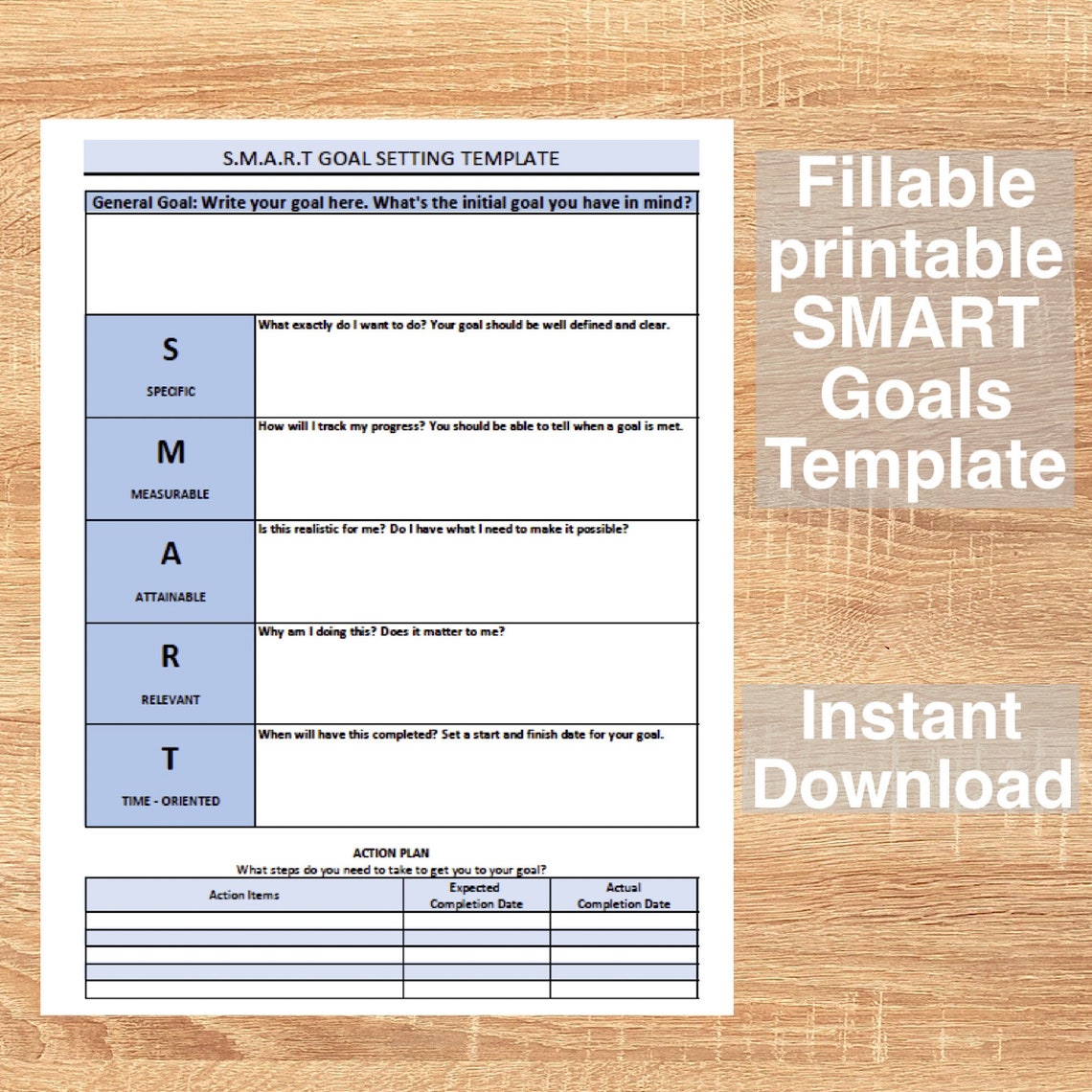 Printable SMART Goals Template, Fillable PDF Goal Setting Printable ...