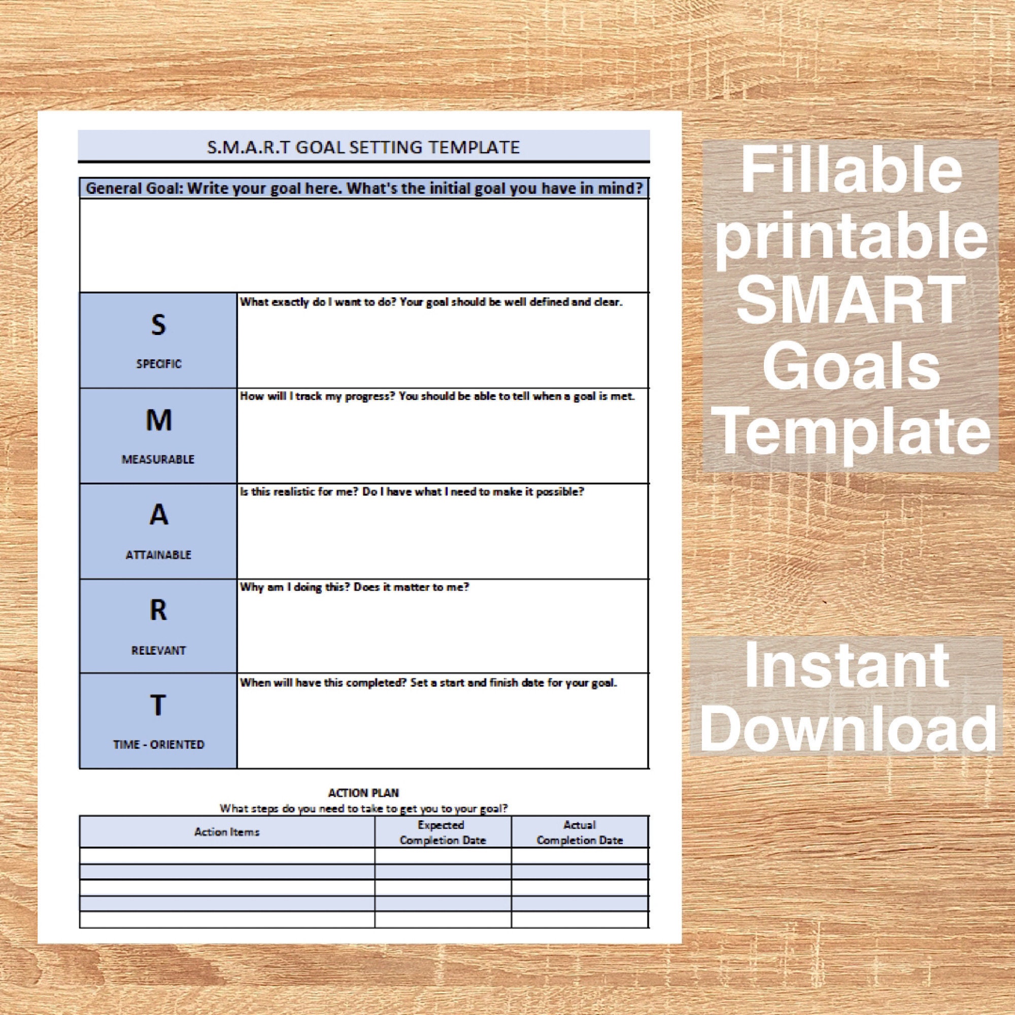 Printable SMART Goals Template, Fillable PDF Goal Setting Printable ...