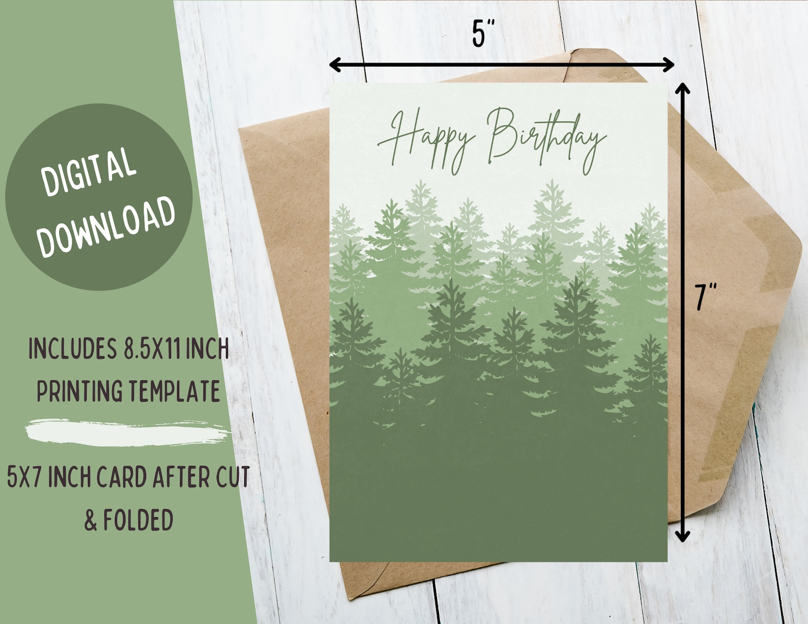 Printable 5x7 Happy Birthday Pine Tree Card, Forest Landscape, Digital ...