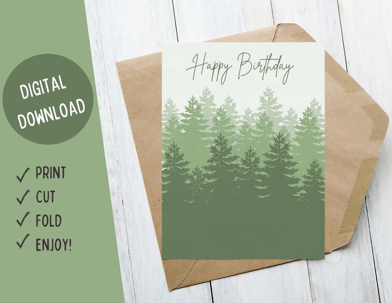 Printable 5x7 Happy Birthday Pine Tree Card, Forest Landscape, Digital ...