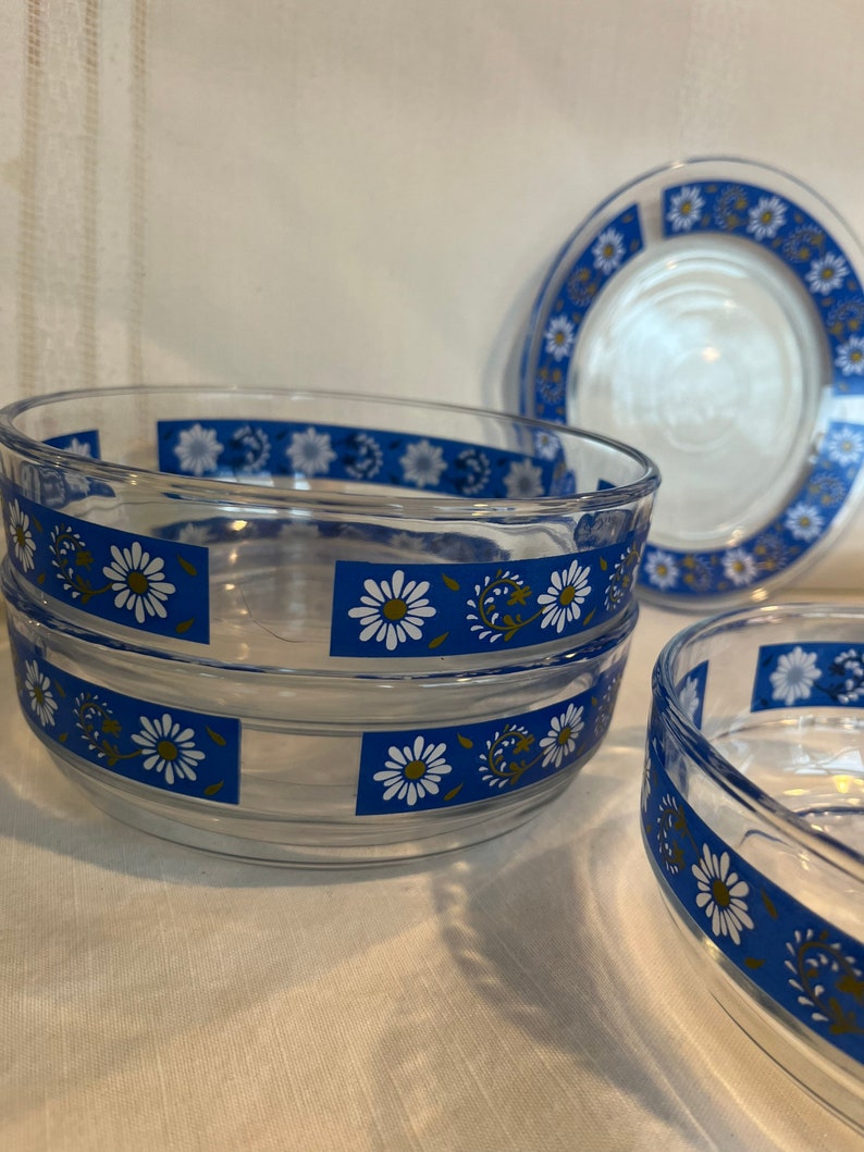 Libbey Crisa Daisy and Blue Banded Stackable Soup Bowls 6 In. and Salad ...