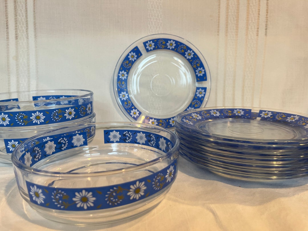 Libbey Crisa Daisy and Blue Banded Stackable Soup Bowls 6 In. and Salad ...