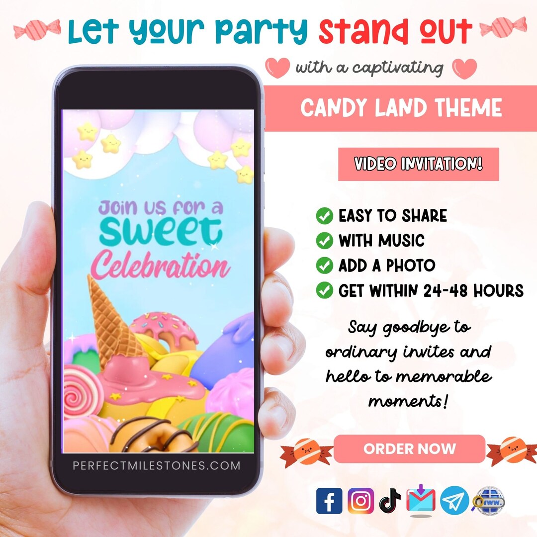 Pastel Blue Candy Land Digital Video Invitation | Candy Land Birthday ...