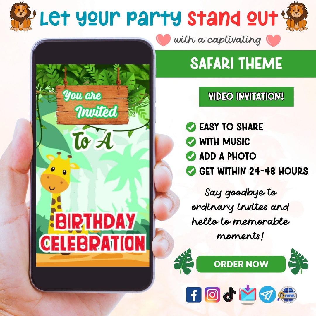 Jungle Safari Birthday Invitation Video Animal Party Invitation Safari ...