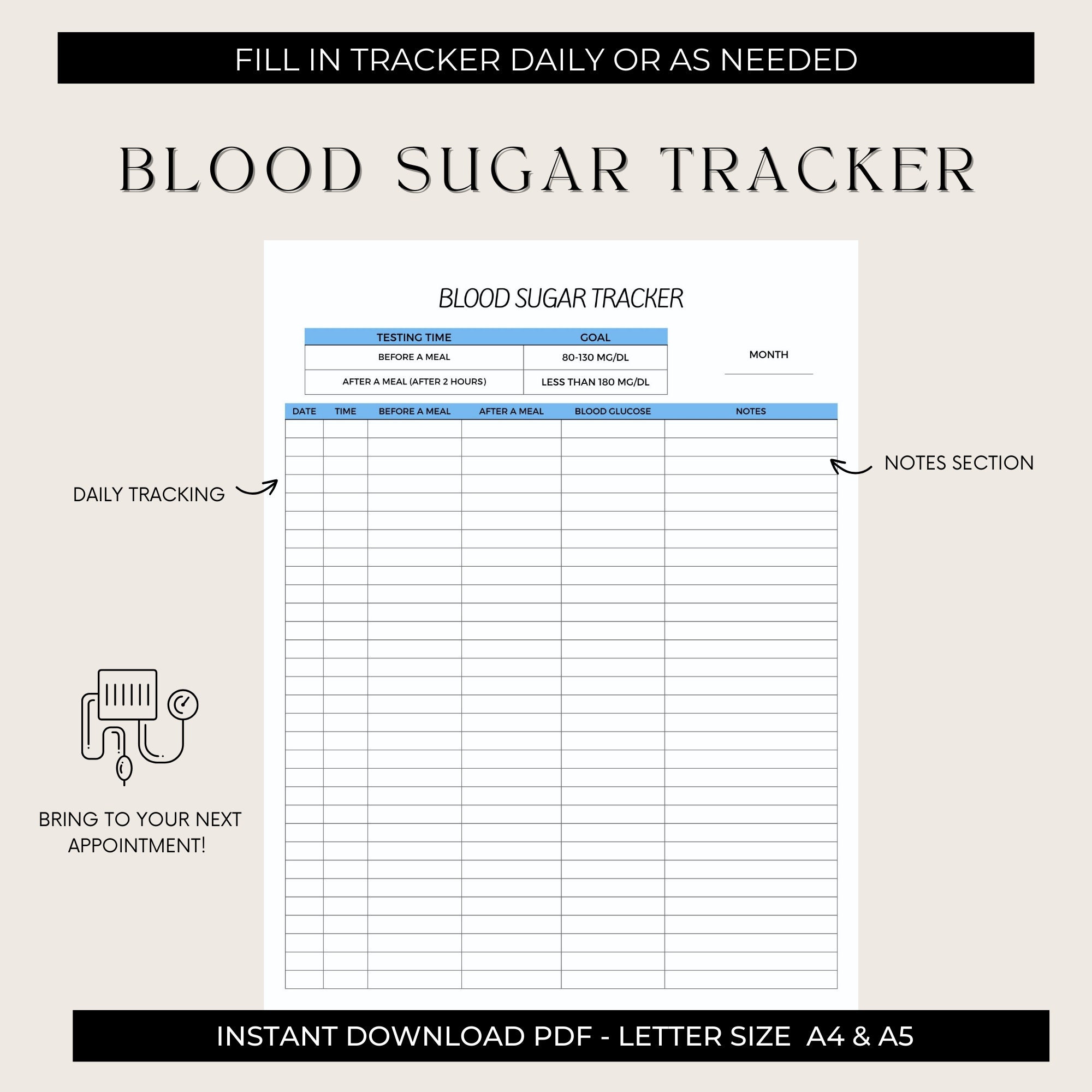 Blood Sugar Tracker Printable | Diabetes | Diabetes Log | Blood Sugar ...