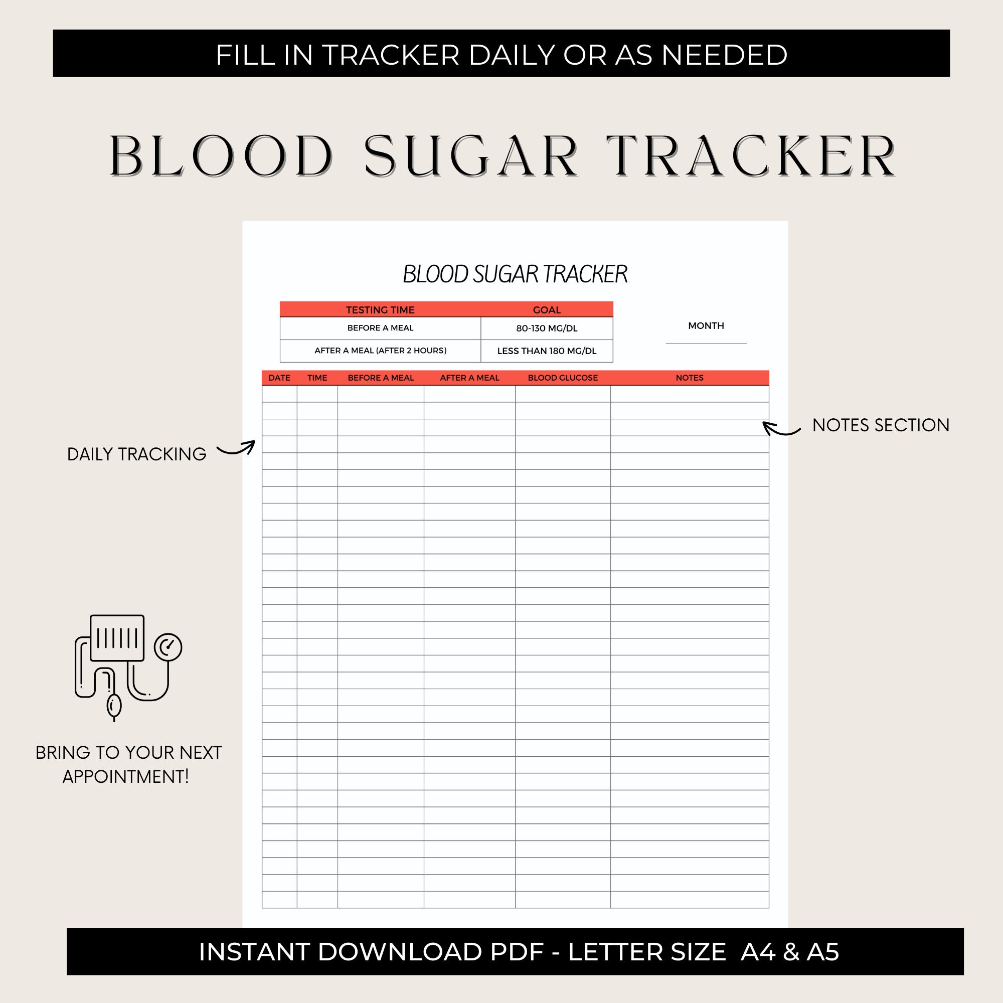Blood Sugar Tracker Printable | Diabetes | Diabetes Log| Blood Sugar ...
