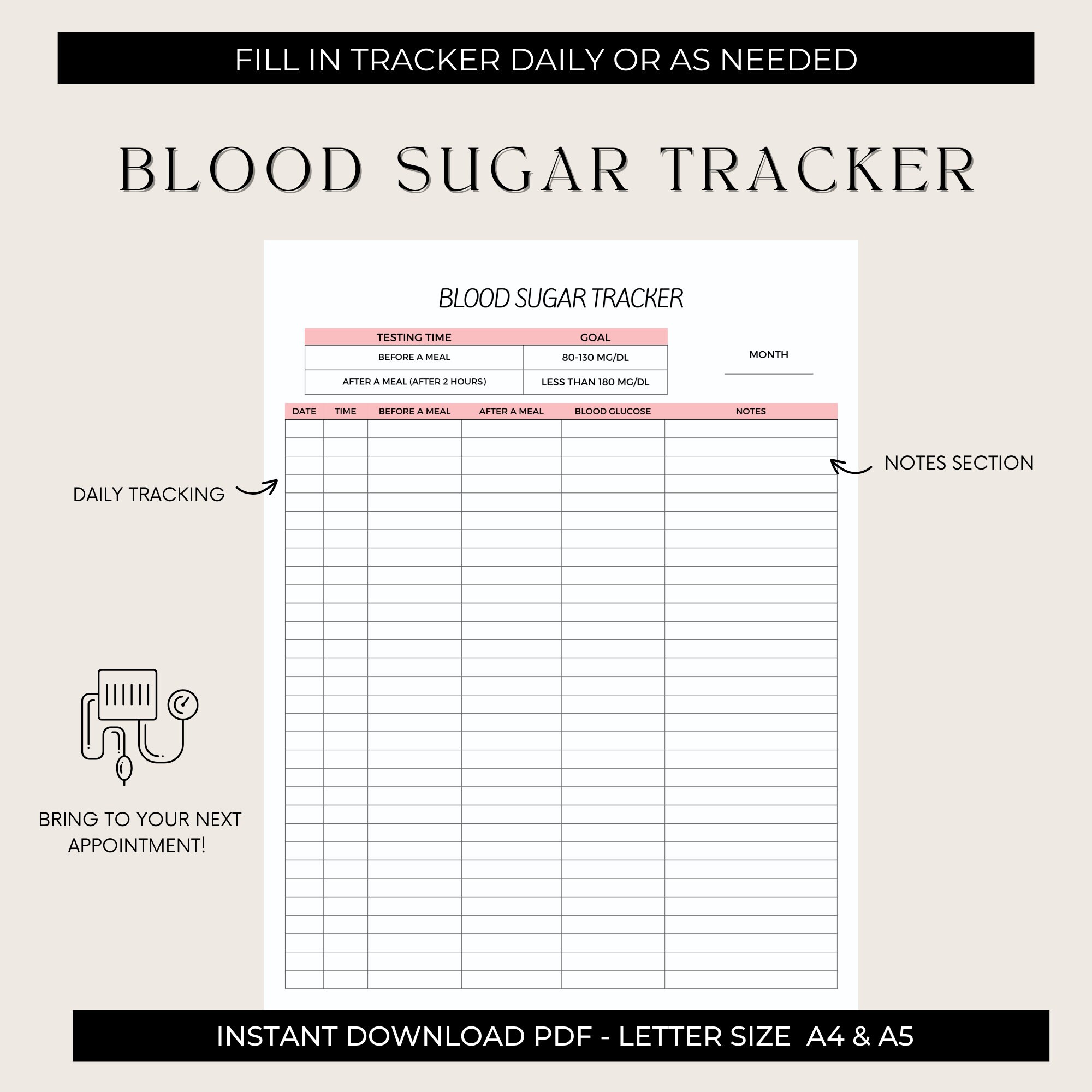 Blood Sugar Tracker Printable | Diabetes | Diabetes Log| Blood Sugar ...