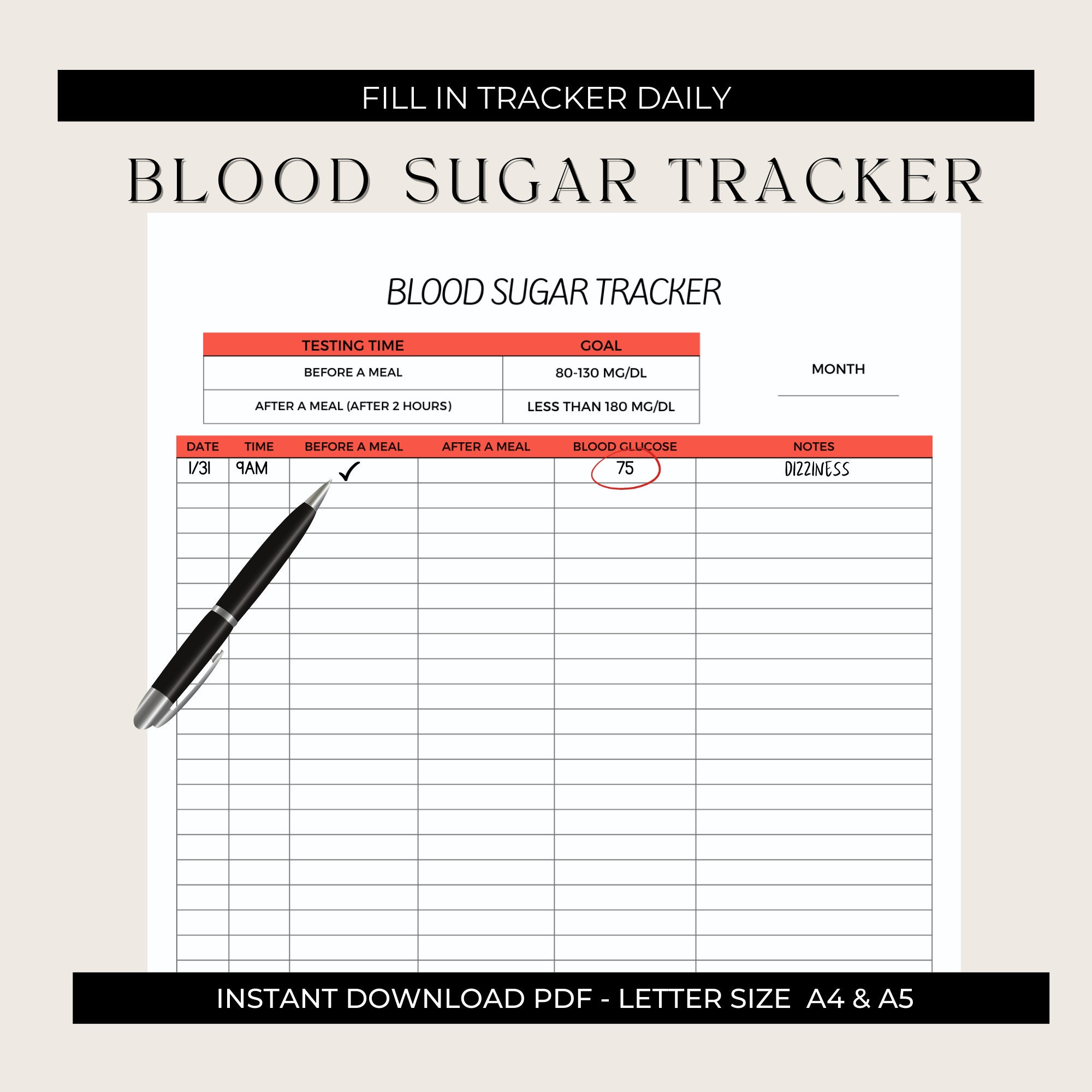 Blood Sugar Tracker Printable | Diabetes | Diabetes Log| Blood Sugar ...