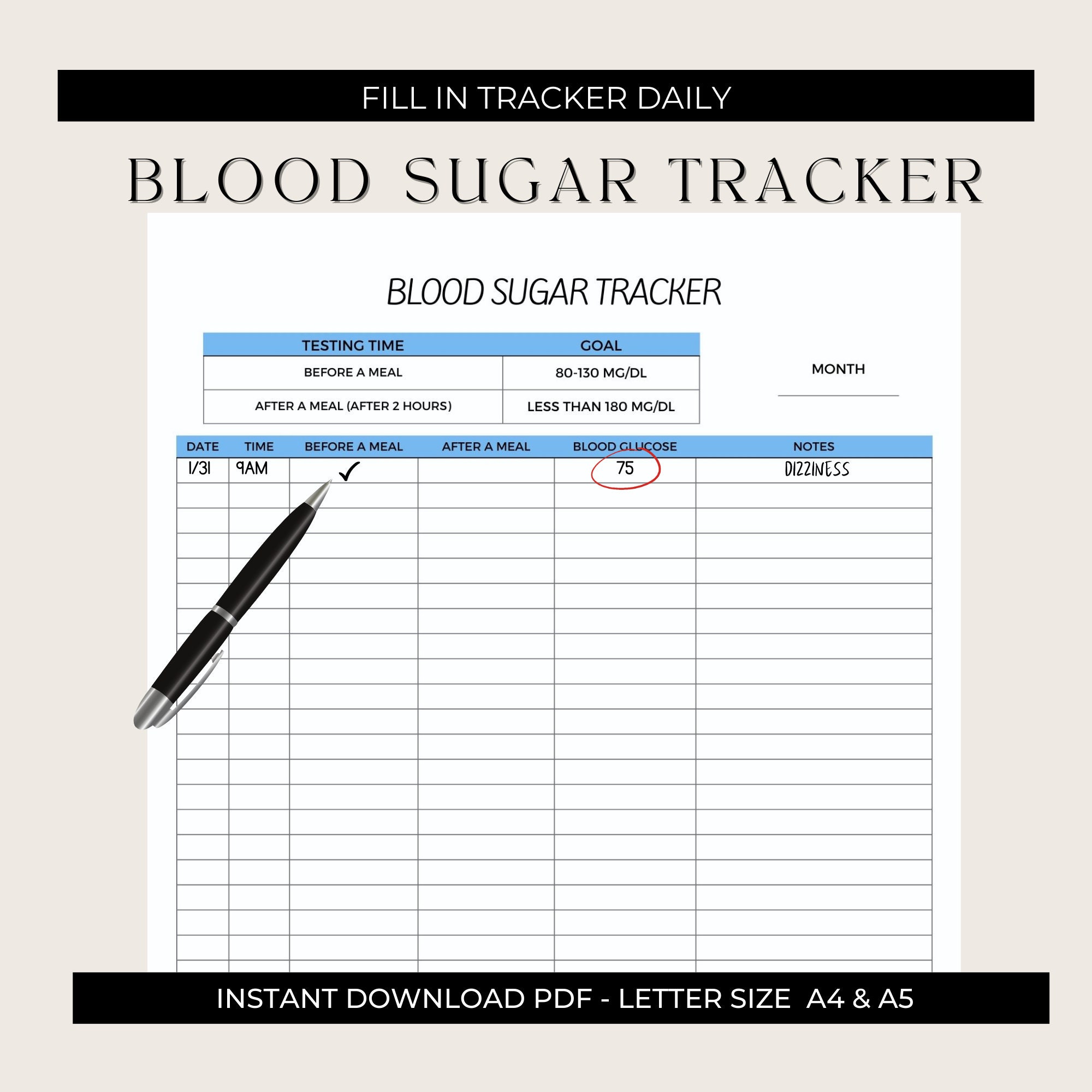 Blood Sugar Tracker Printable | Diabetes | Diabetes Log | Blood Sugar ...