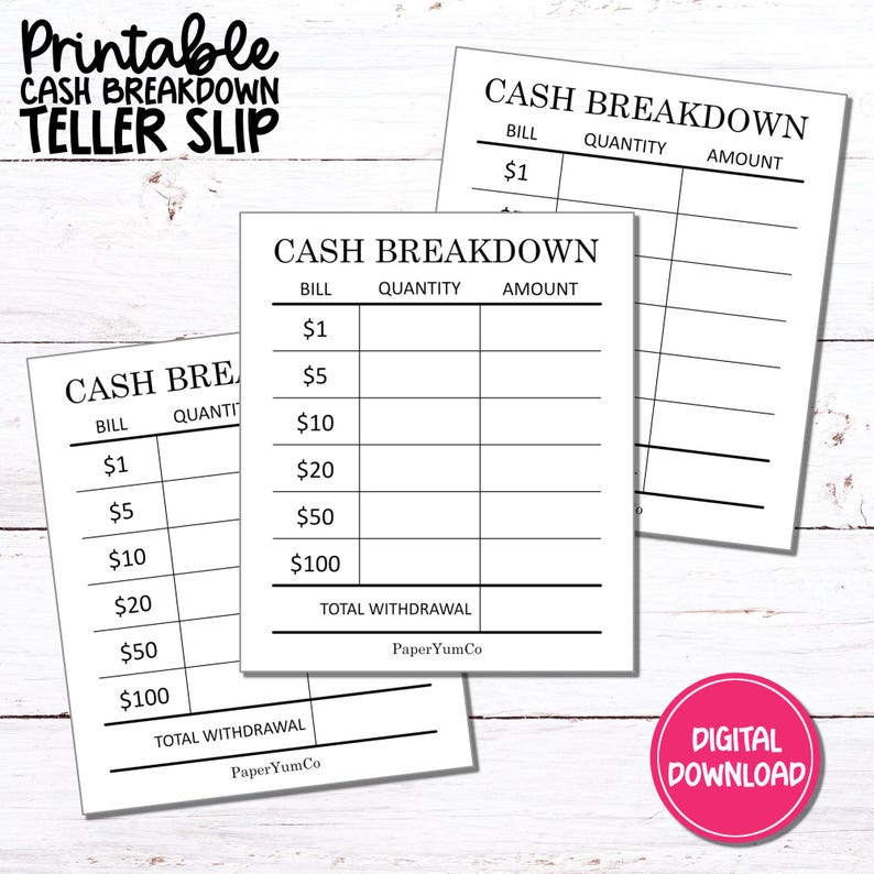 Cash Breakdown Teller Slip | Bank Withdrawal Form (PDF Download) - Etsy