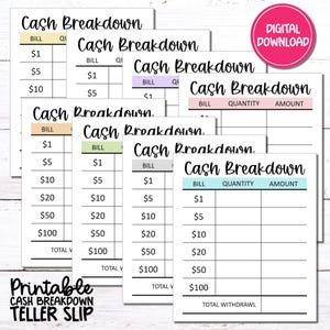Cash Breakdown Slips | 7 Colors + Plain White | Bank Teller Slip | Cash ...