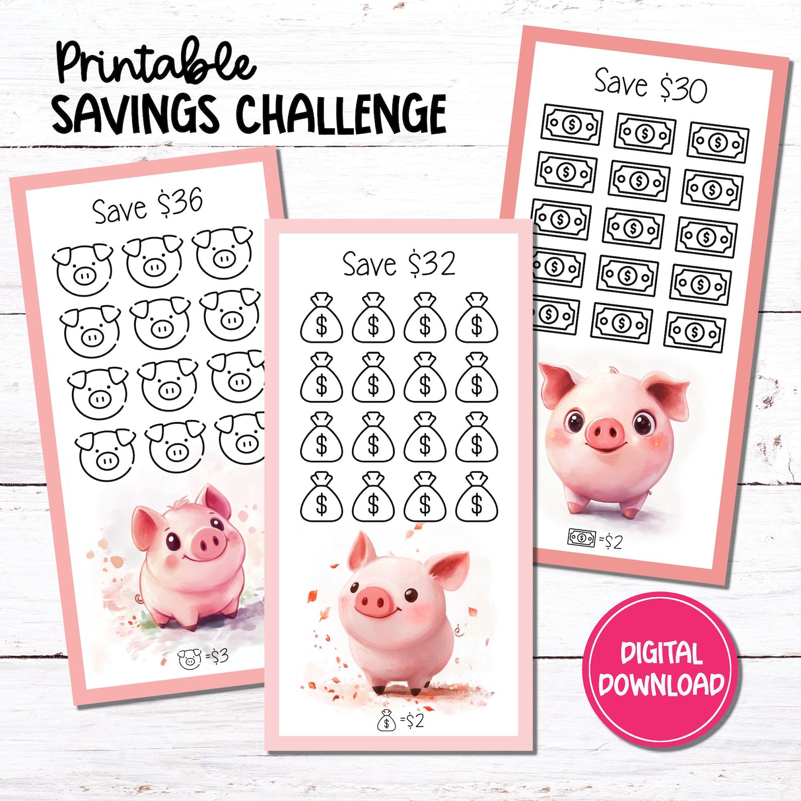 Piggy Savings Challenge Tracker | Set of 3 (PDF Digital Download) - Etsy