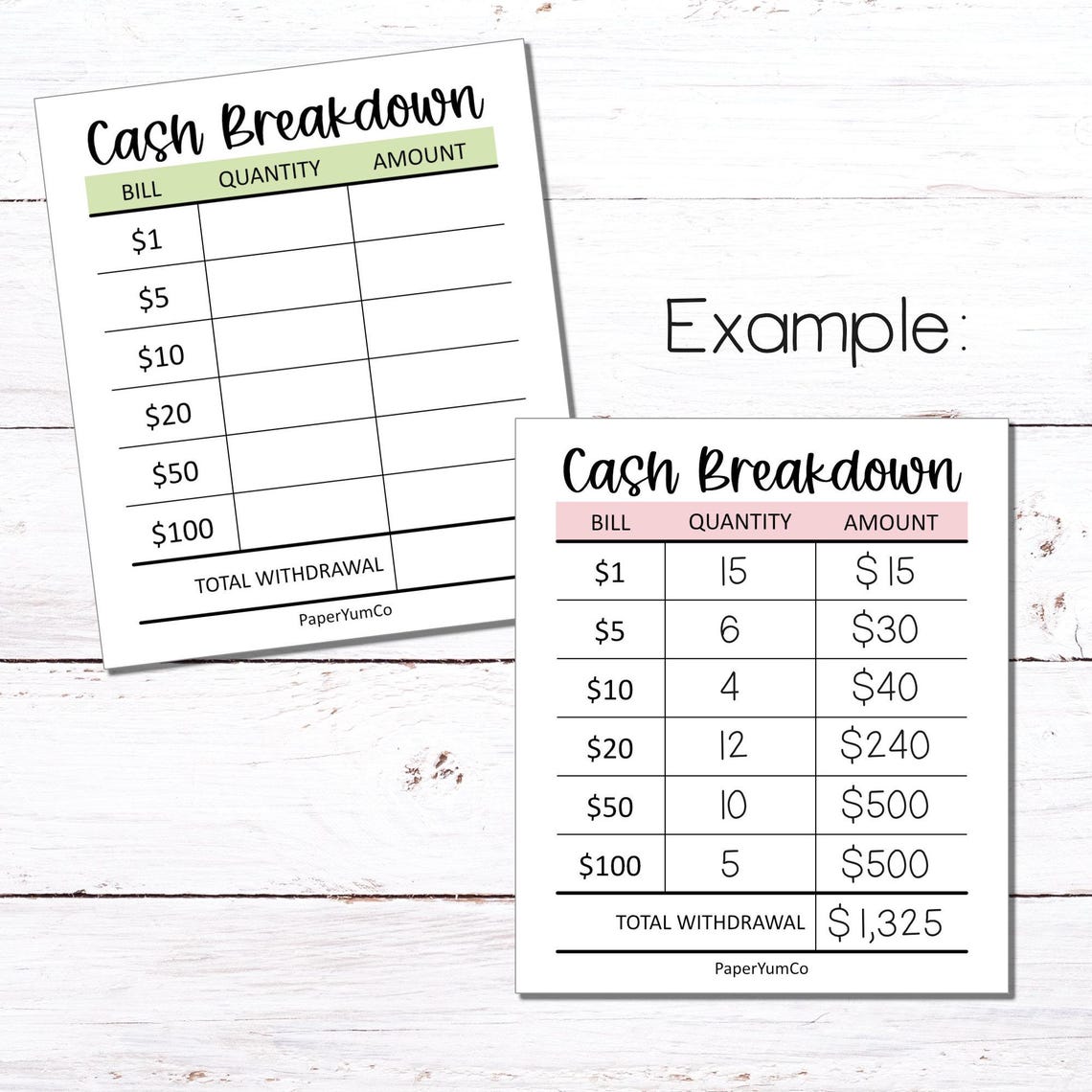 Cash Breakdown Slips | 7 Colors + Plain White | Bank Teller Slip | Cash ...