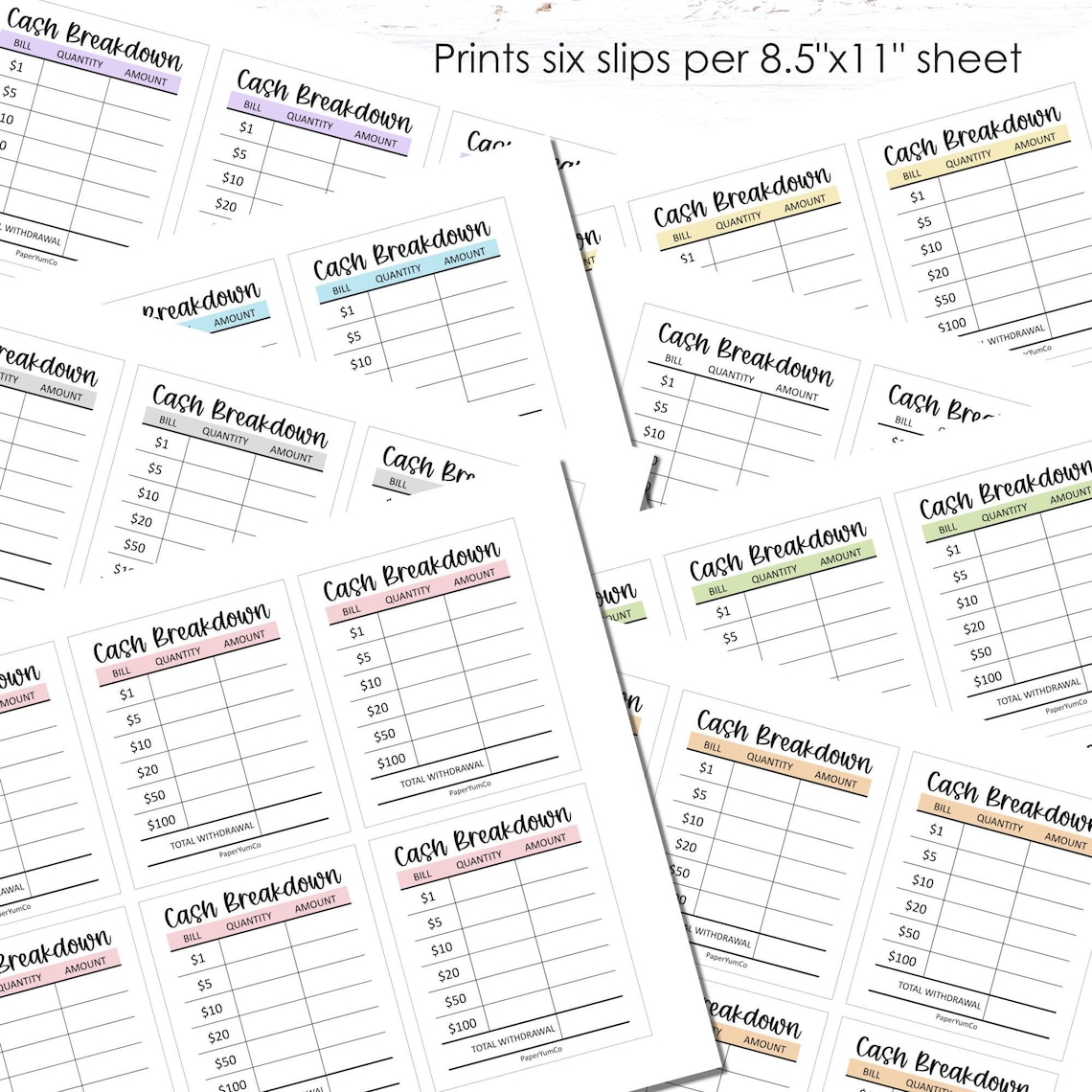Cash Breakdown Slips | 7 Colors + Plain White | Bank Teller Slip | Cash ...