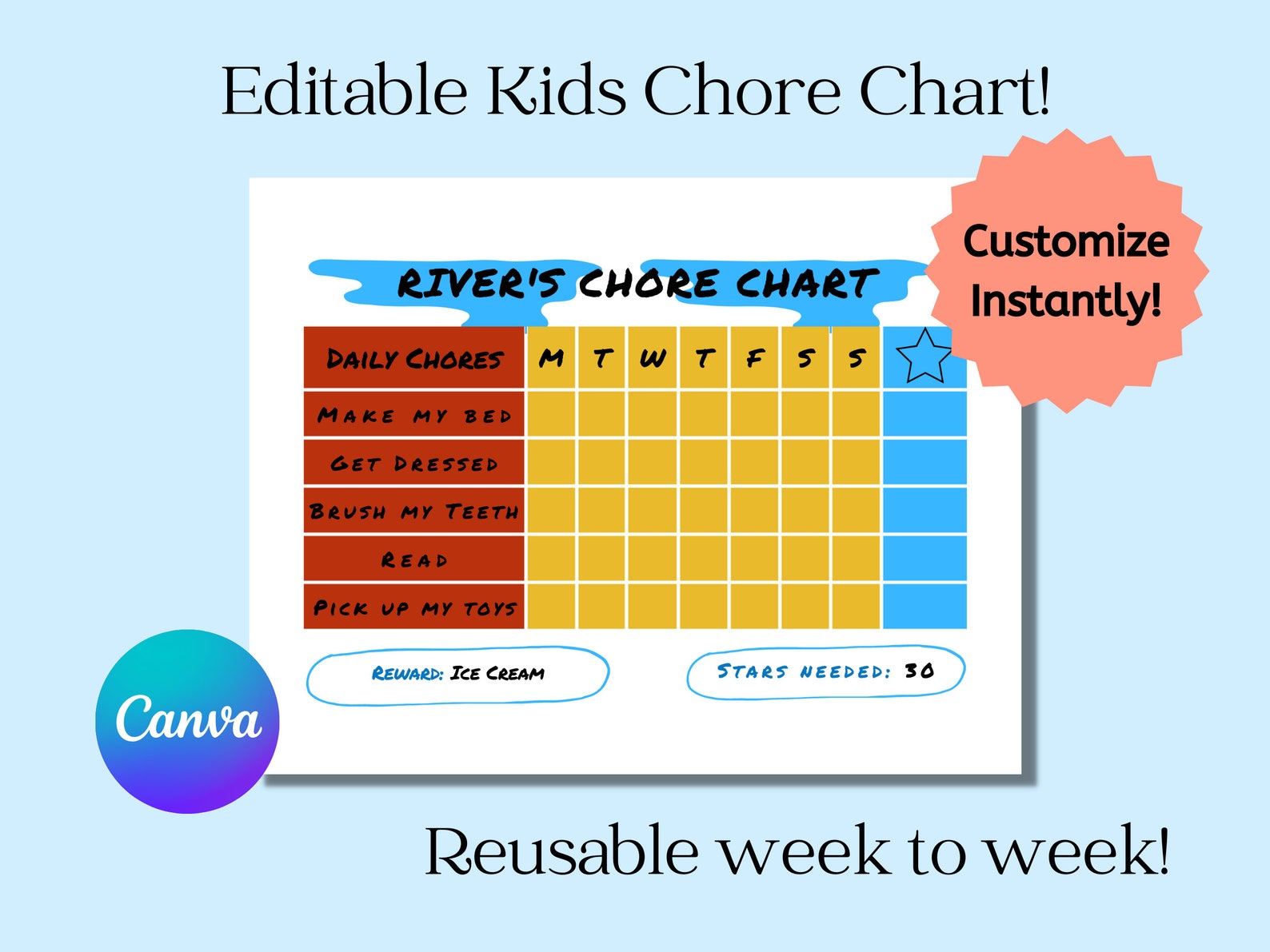 Chore Chart for Kids, Reward Chart, Chore Chart Printable, Editable ...