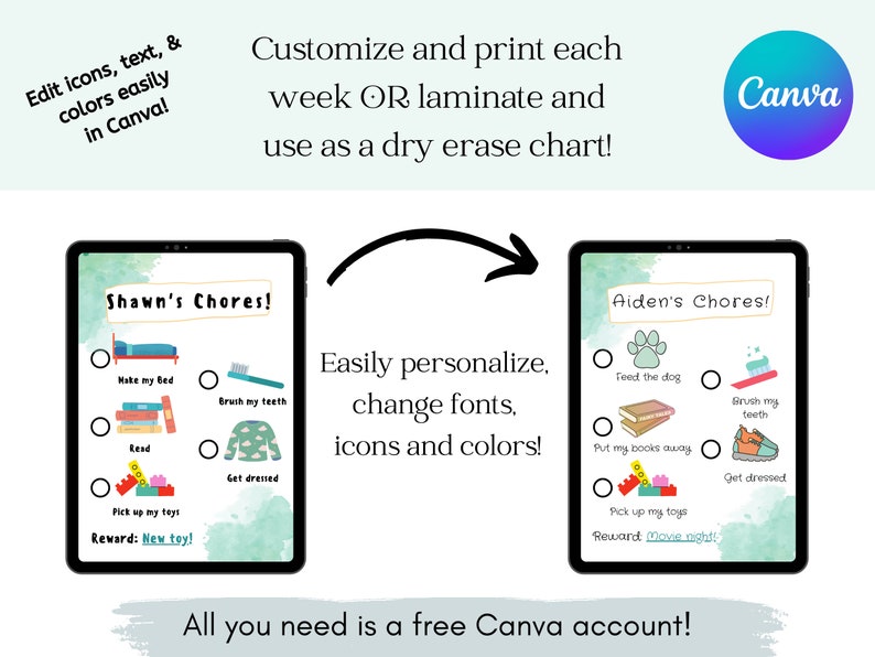 Chore Chart for Kids, Reward Chart, Watercolor Chore Chart Printable ...