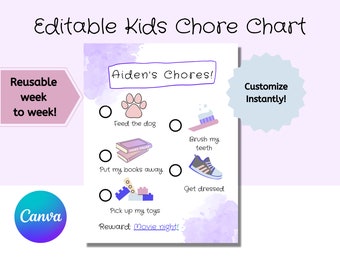 Chore Chart for Kids, Reward Chart, Chore Chart Printable, Editable ...