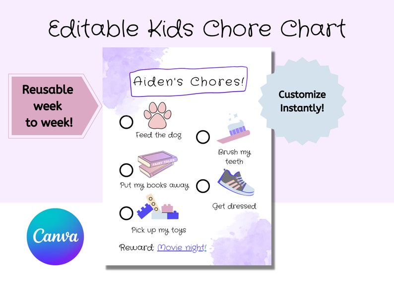 Chore Chart for Kids, Reward Chart, Watercolor Chore Chart Printable ...