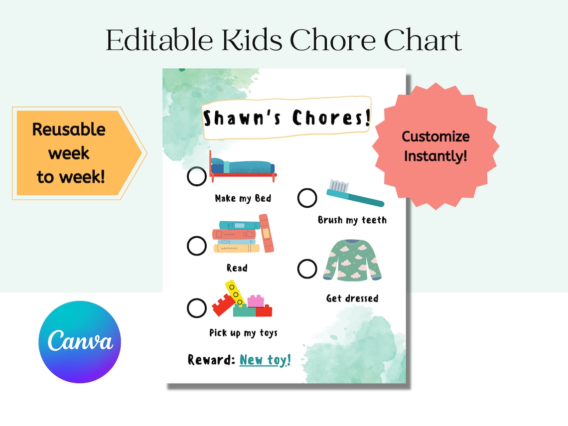 Chore Chart for Kids, Reward Chart, Watercolor Chore Chart Printable ...