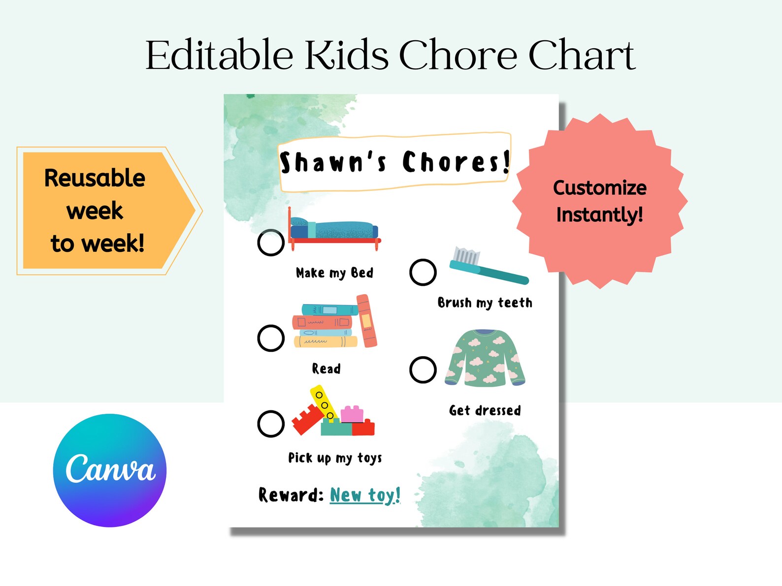 Chore Chart for Kids, Reward Chart, Watercolor Chore Chart Printable ...