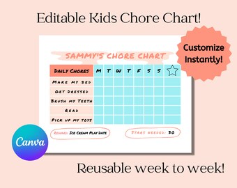 Chore Chart for Kids, Reward Chart, Chore Chart Printable, Editable ...