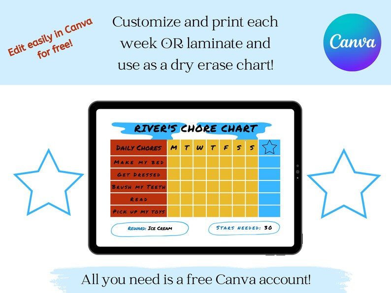Chore Chart for Kids, Reward Chart, Chore Chart Printable, Editable ...