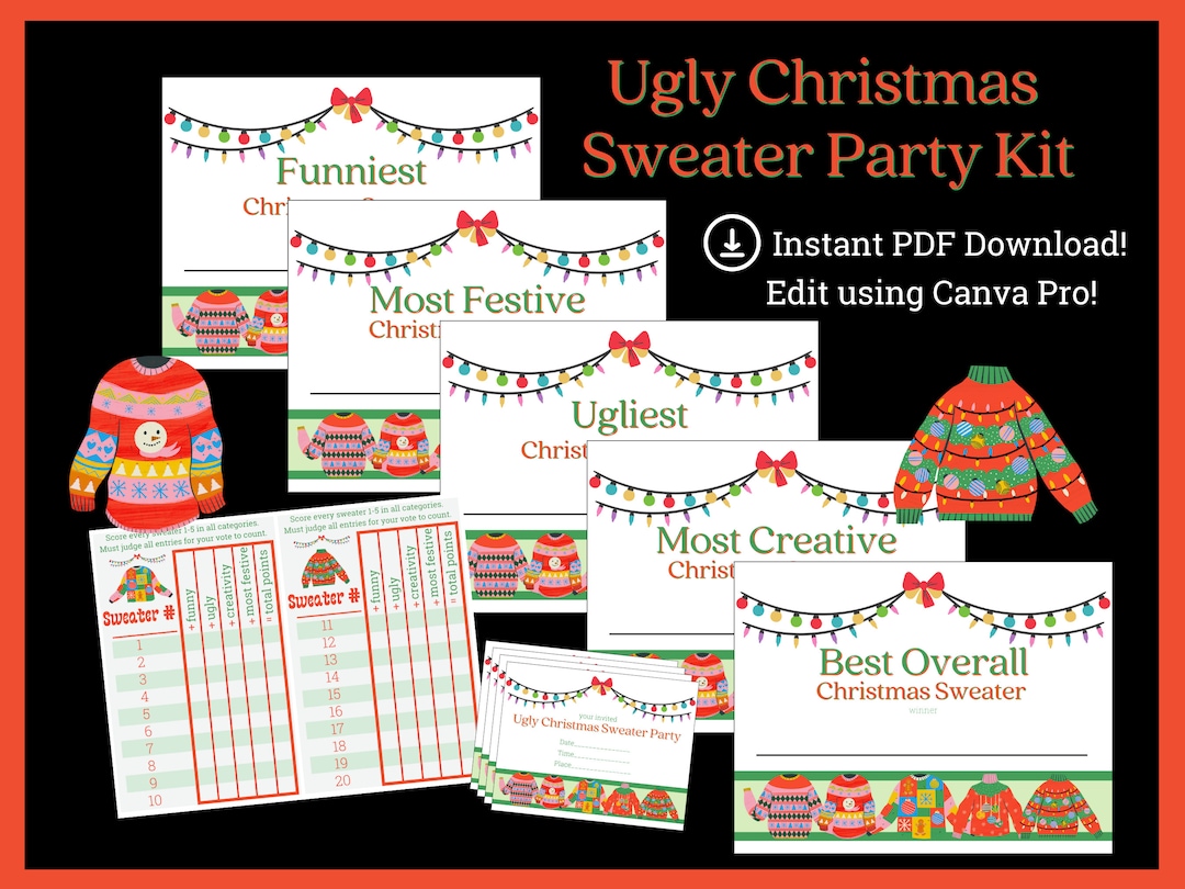 Christmas Party Printables | Ugly Sweater Invitations, Score Cards ...