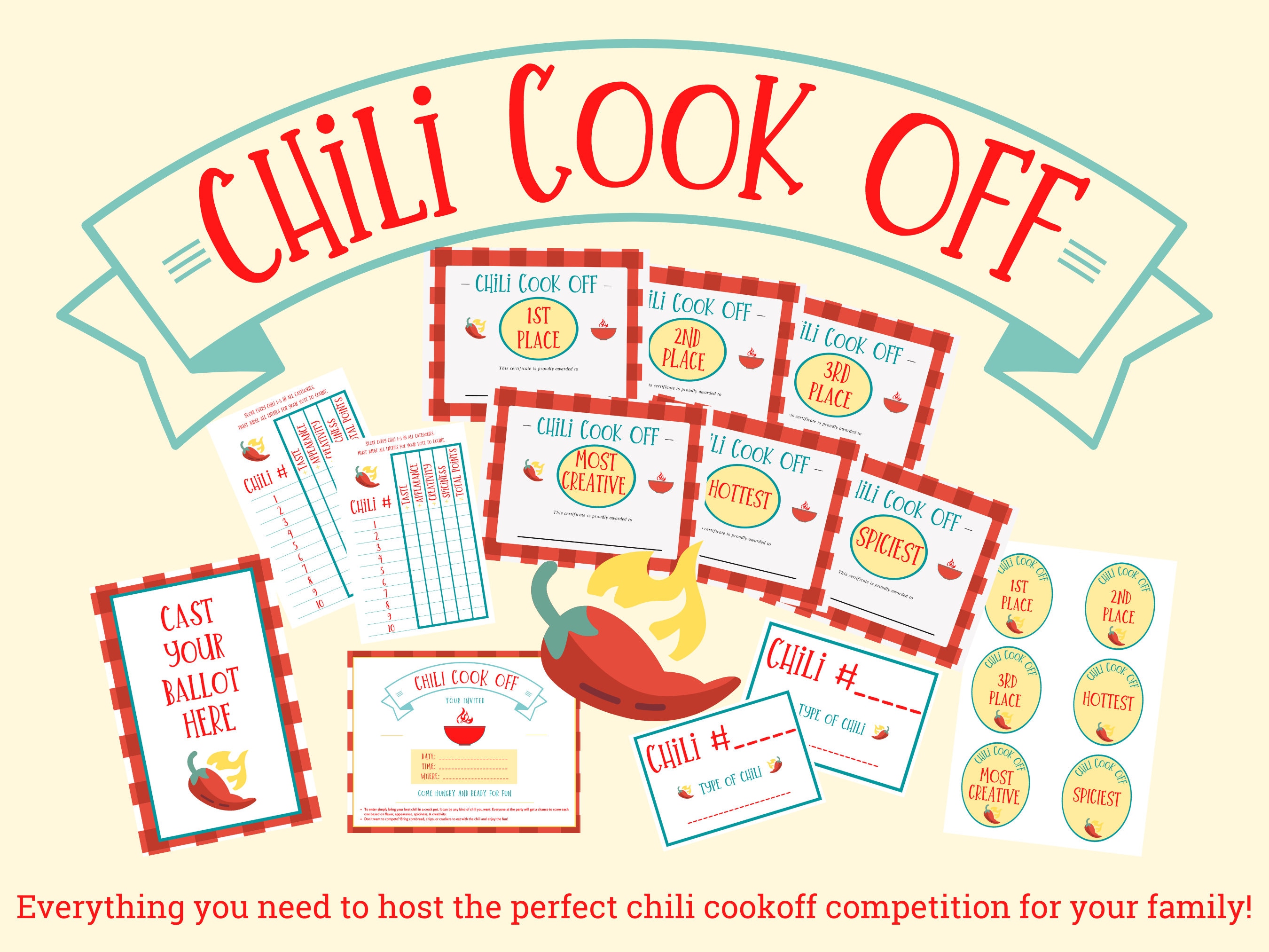 Chili Cook off Party Printables, Score Cards, Award Certificates ...