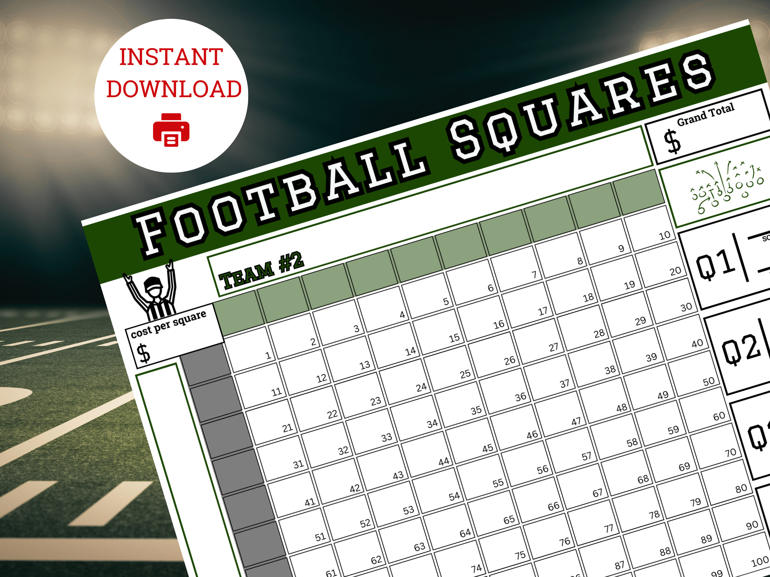 Printable Football Squares Template, 100 Grid (PDF Download) - Etsy