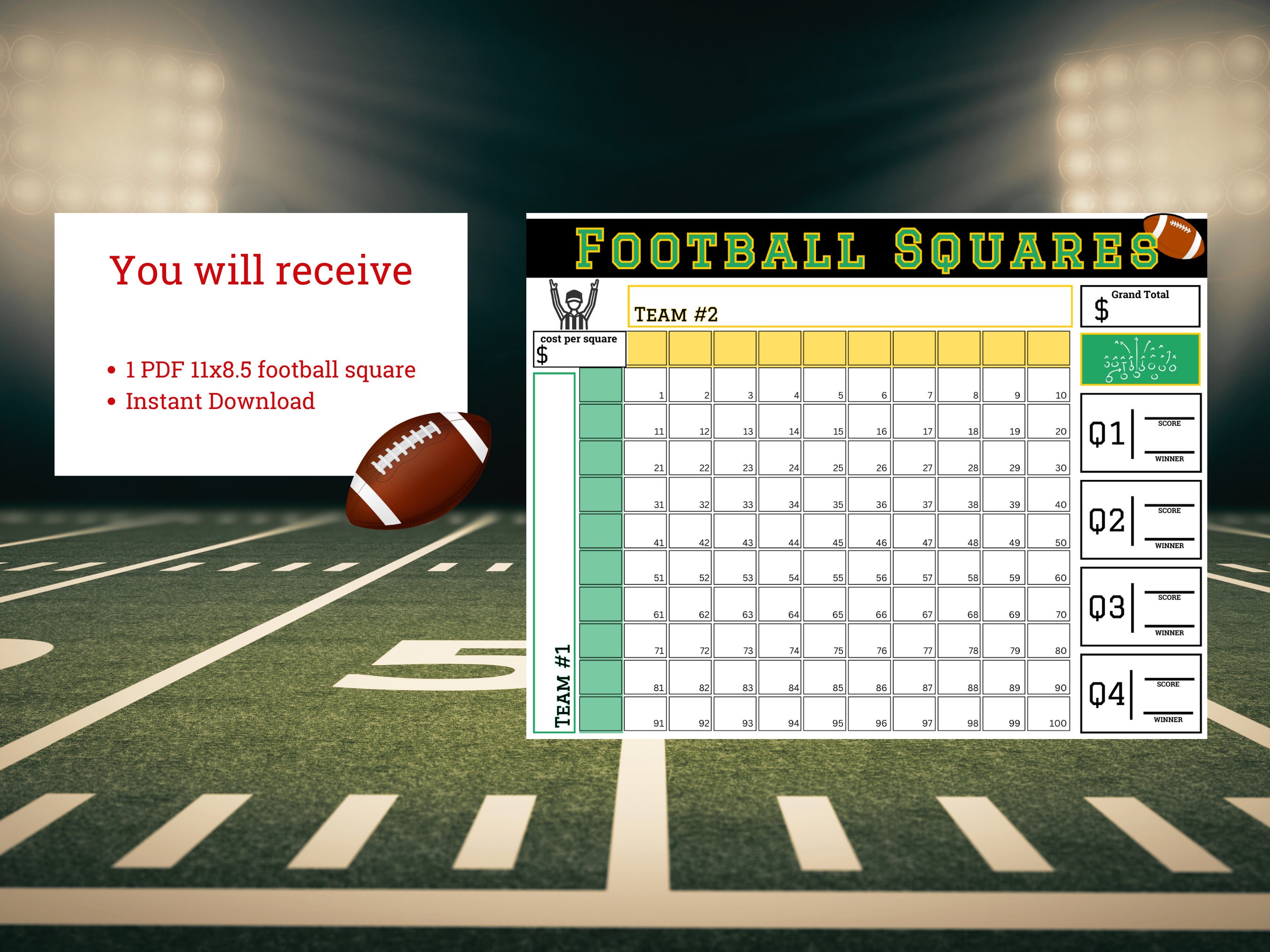 Printable Football Squares, Super Bowl Squares, Football Game, Football ...