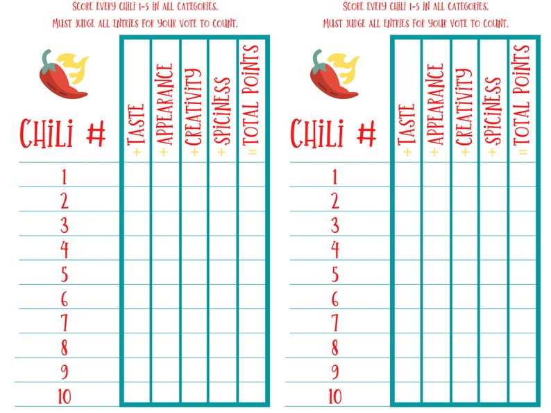 Chili Cook off Party Printables, Score Cards, Award Certificates ...