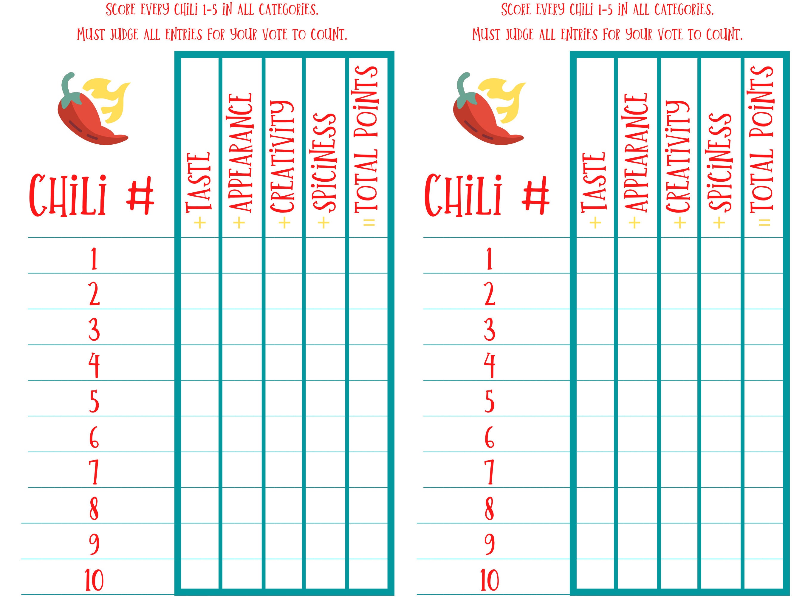 Chili Cook off Party Printables, Score Cards, Award Certificates ...
