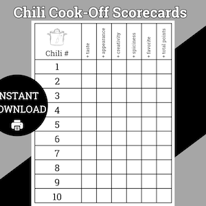 Chili Cook-off Scorecards, Family Activity, Chili Cook-off Printable ...