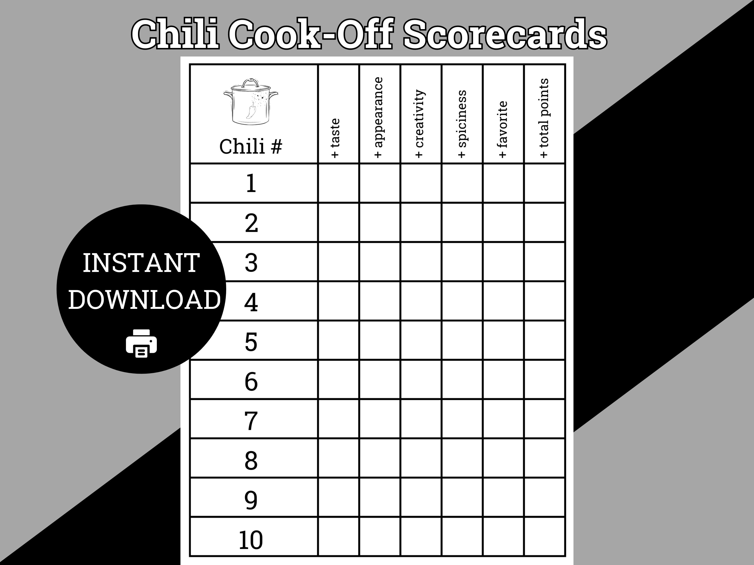 Chili Cook-off Scorecards, Family Activity, Chili Cook-off Printable ...