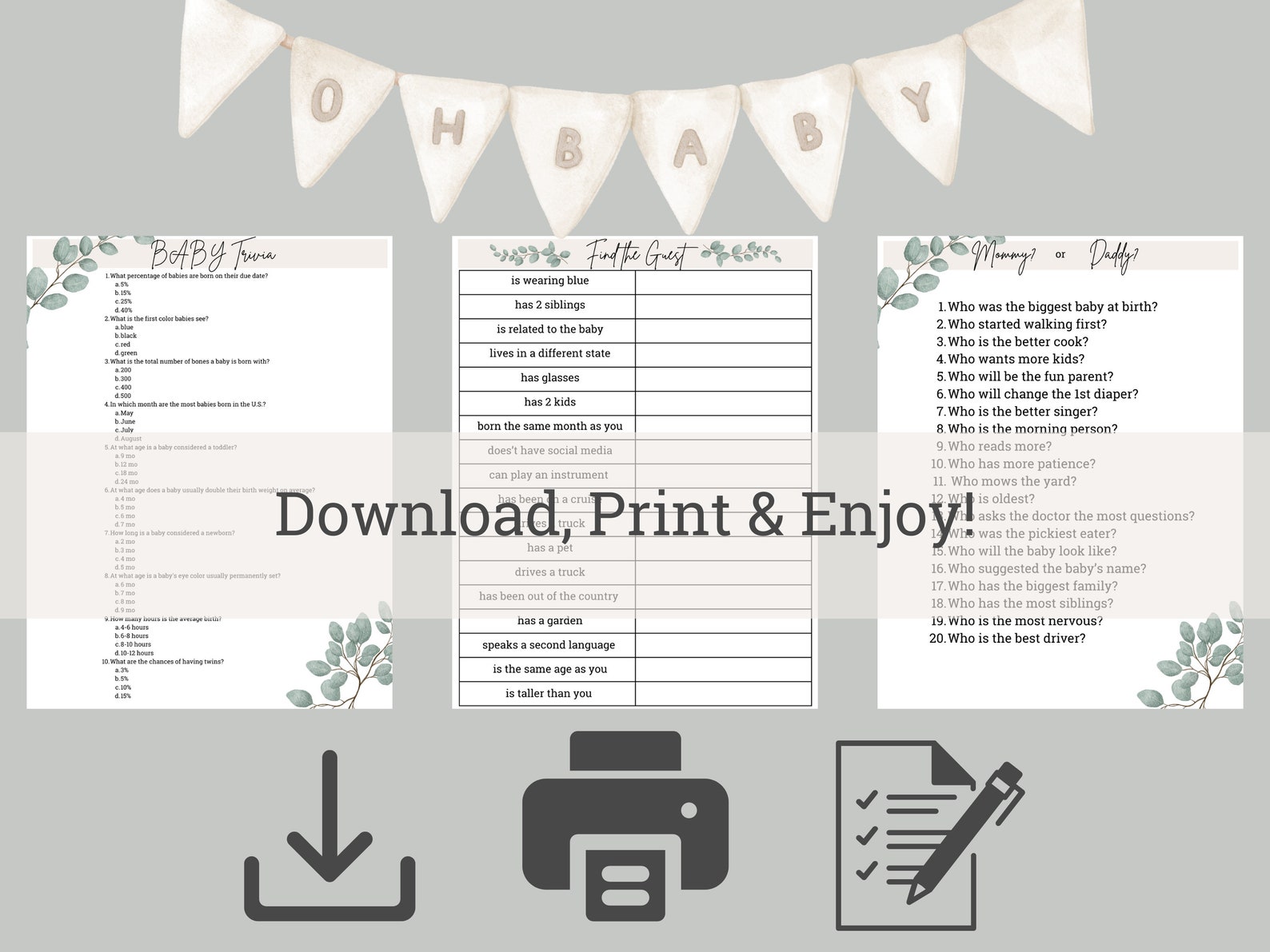 Printable Baby Shower Games Bundle: Baby Trivia, Find the Guest, Mommy ...